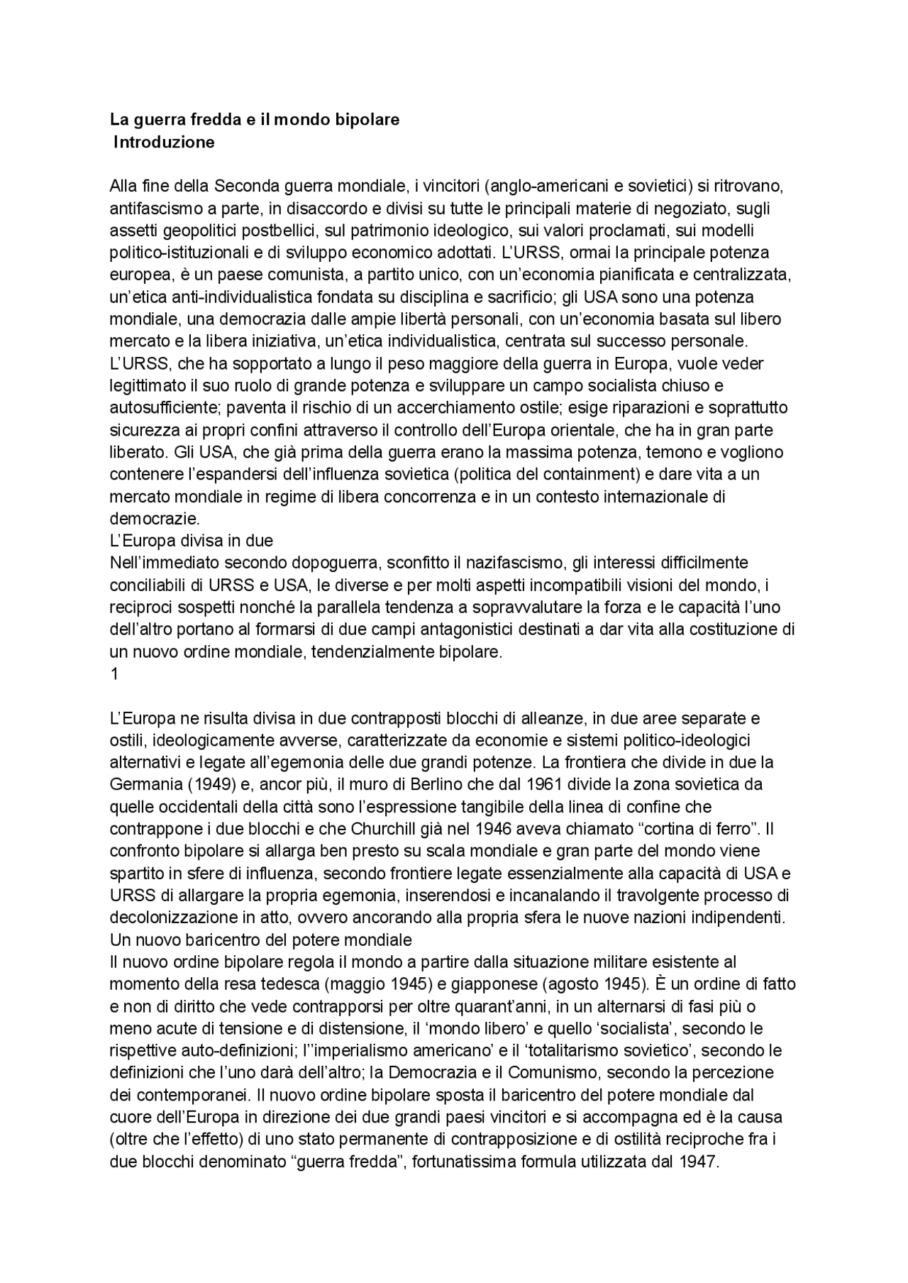 La Guerra Fredda Riassunto Docsity