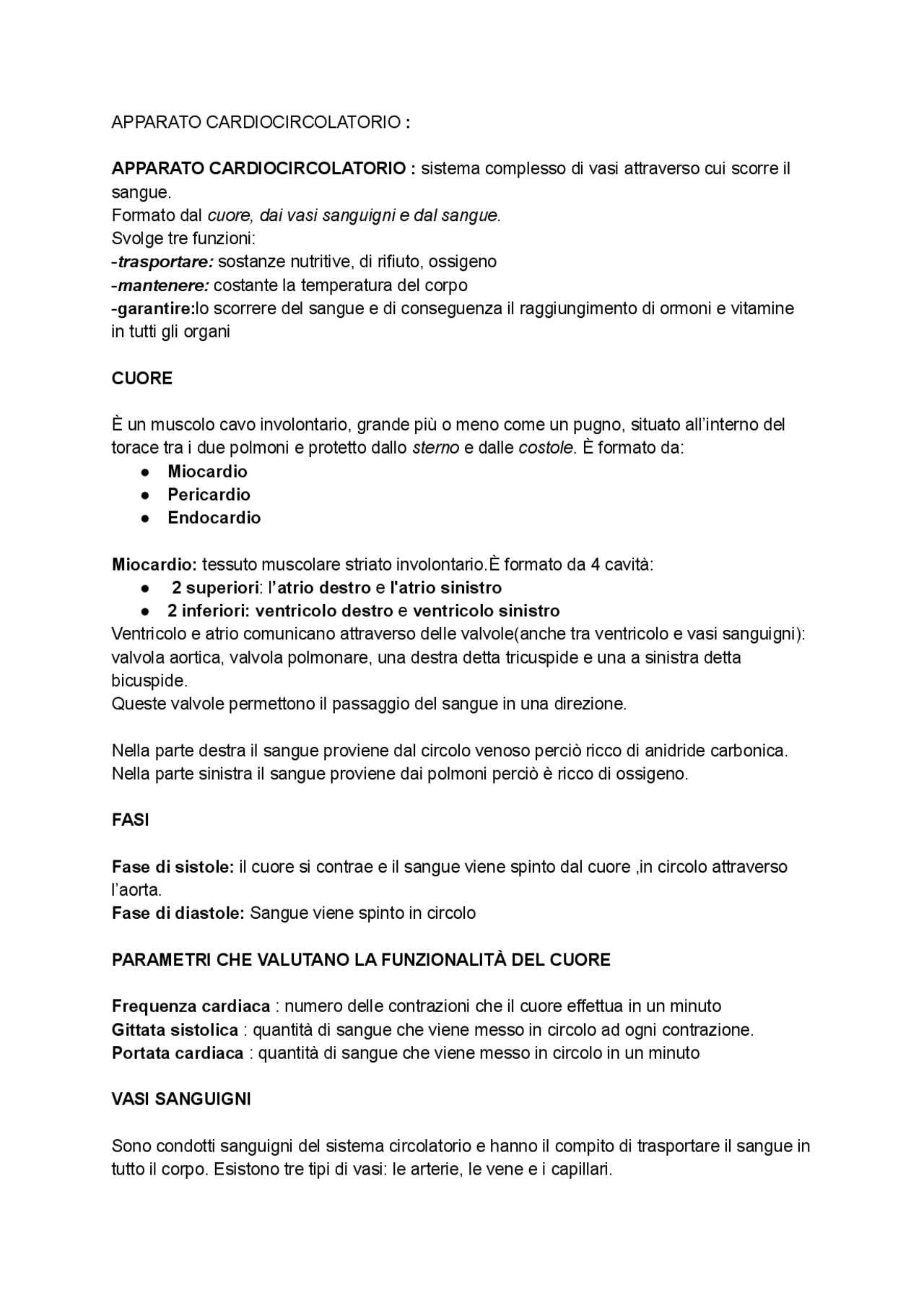 Apparato Circolatorio Riassunto Docsity