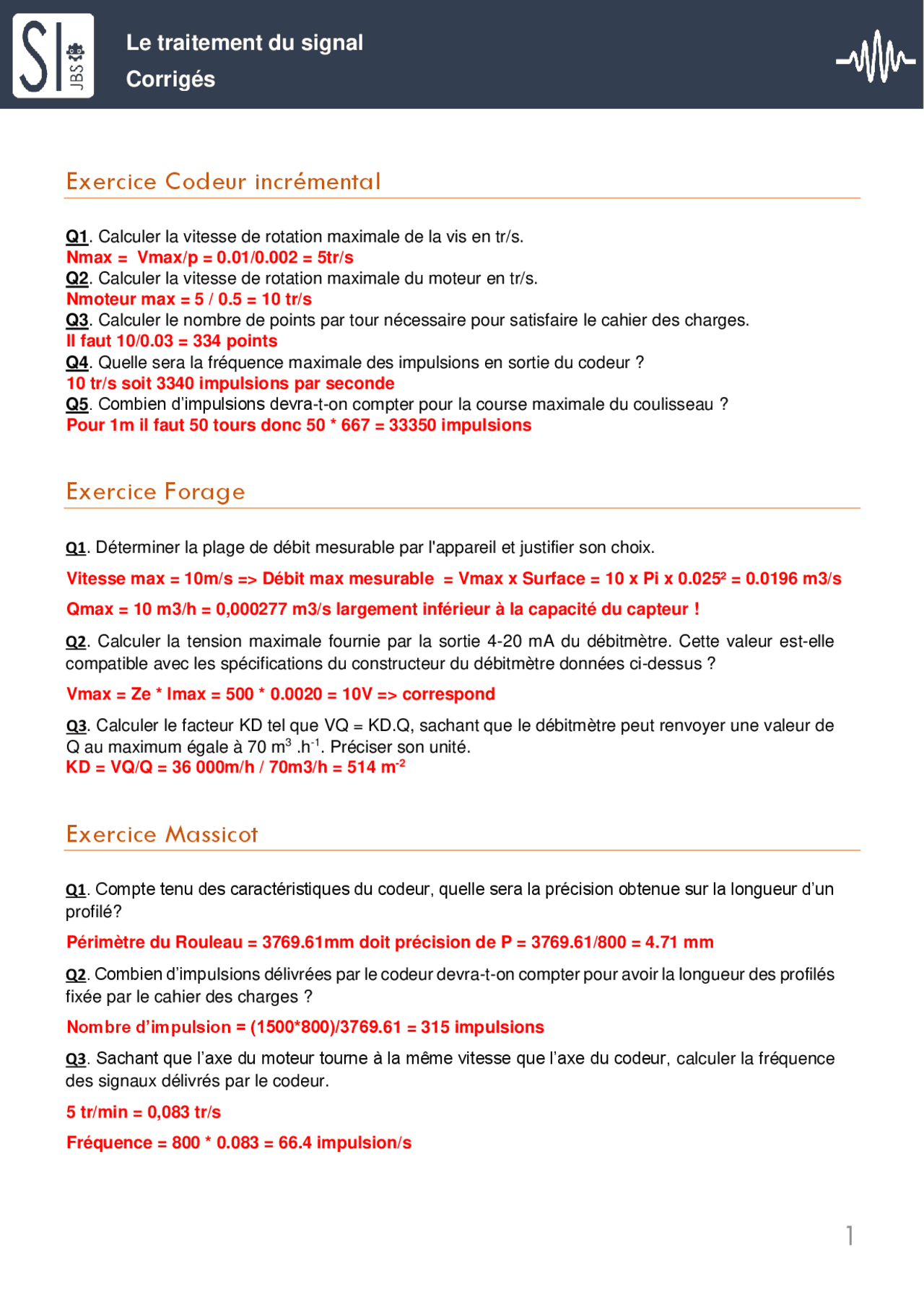 Le Traitement Du Signal Codeur Incrémental Forage Corrigés Docsity