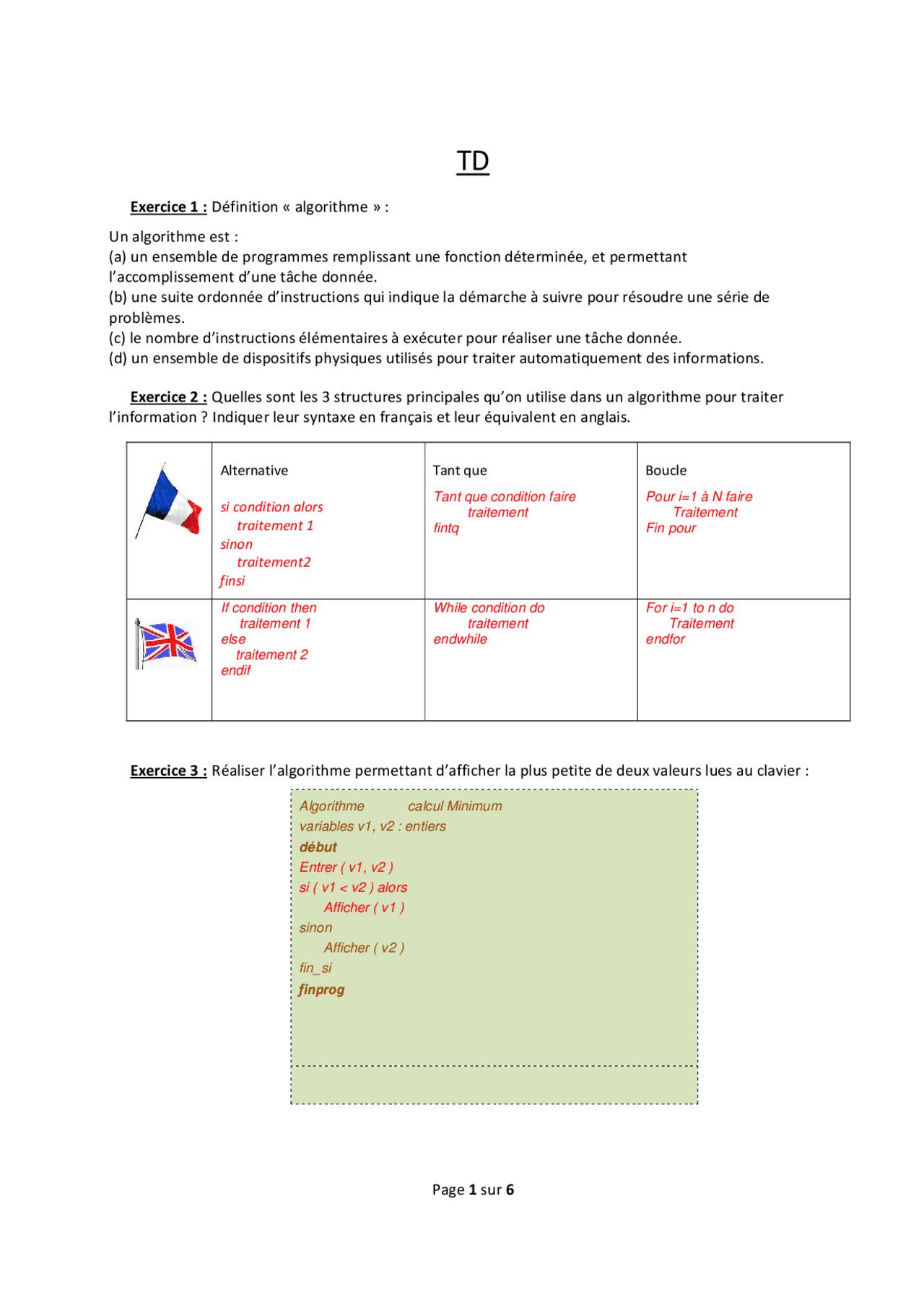 Exercice Algorithme Corrigé Docsity