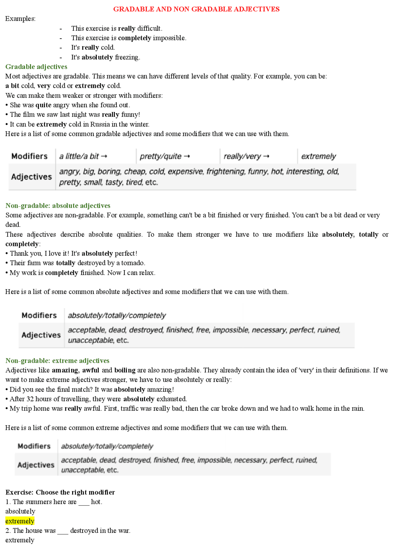 Gradable and non-gradable adjectives - Docsity