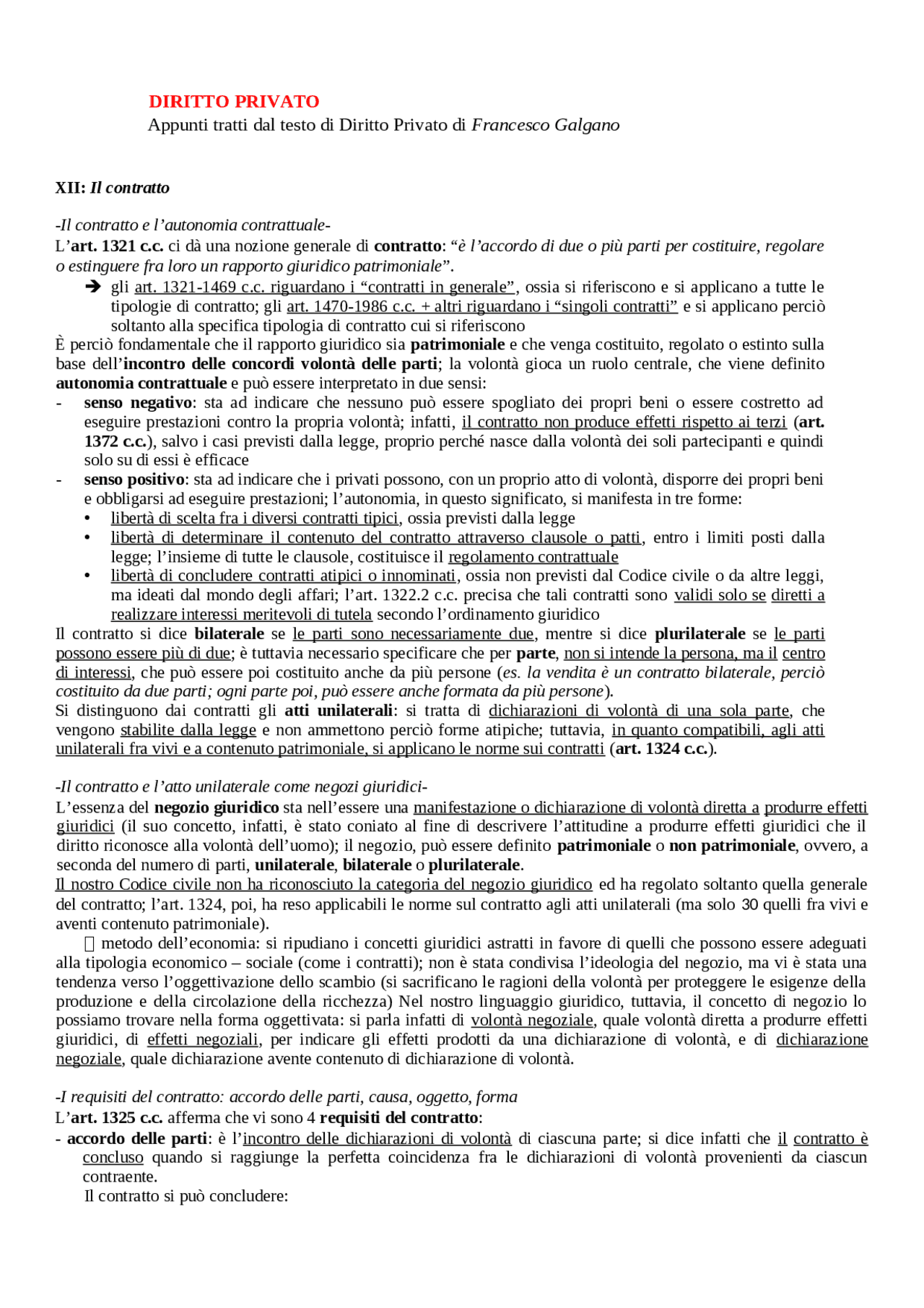 Riassunto Diritto Privato Galgano Docsity