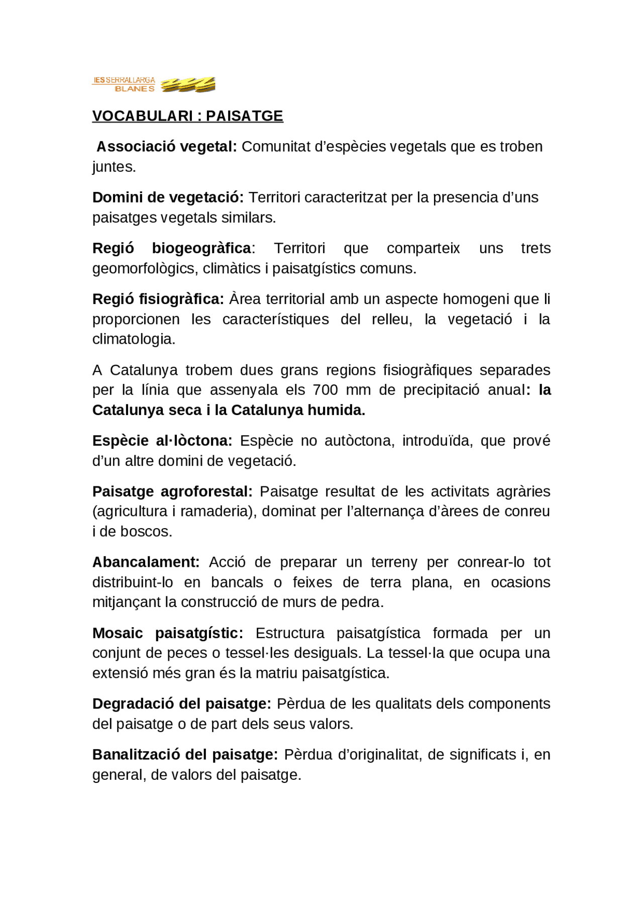 Vocabulario Geografía Catalán Docsity