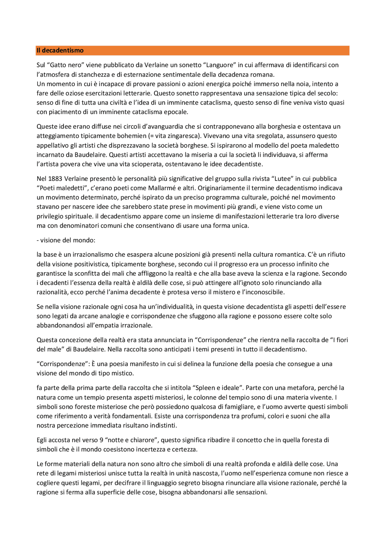 Il Decadentismo Baudelaire Dannunzio Docsity