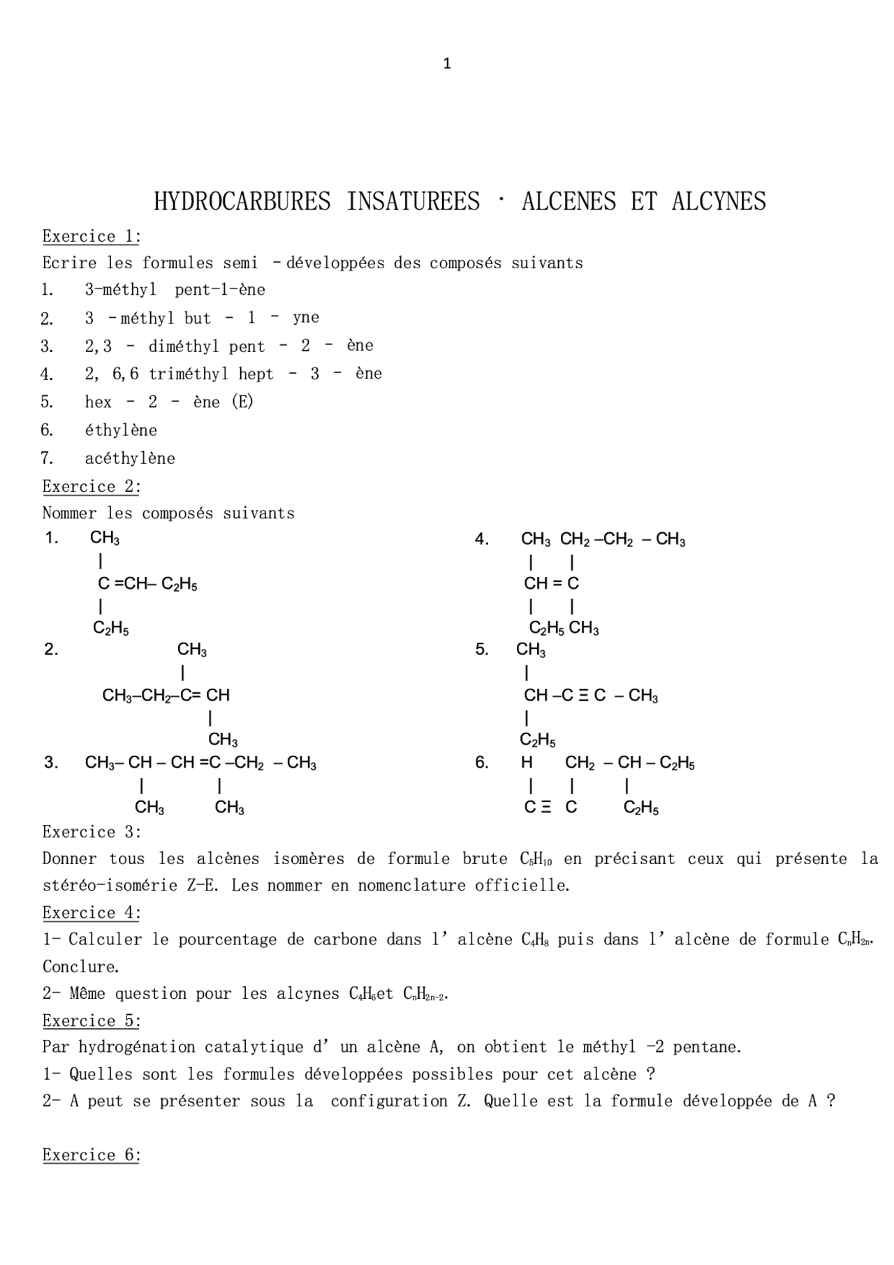 Feuille d’exercices - Alcènes et Alcynes | Exercices Chimie | Docsity