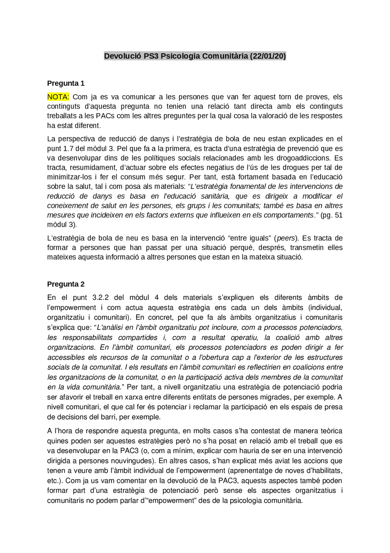 Devolutiva PS Psicologia comunitaria - Docsity