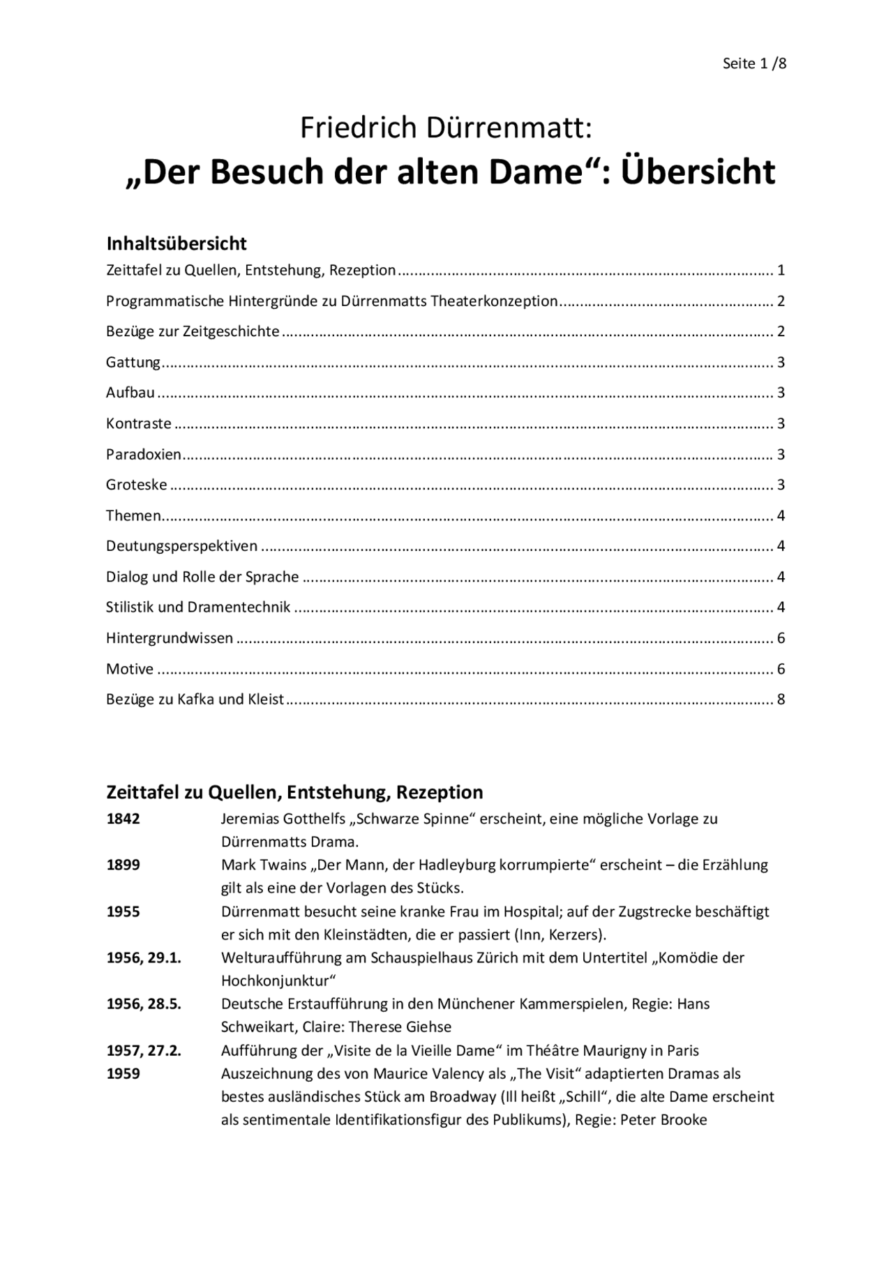 Friedrich Dürrenmatt „Der Besuch der alten Dame“: Übersich - Docsity