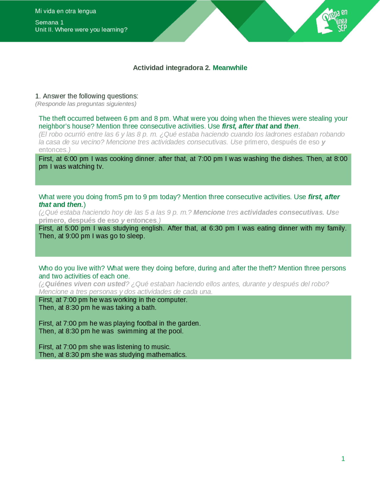 Actividad Integradora 2 Meanwhile Módulo 7 Ejercicios De Inglés