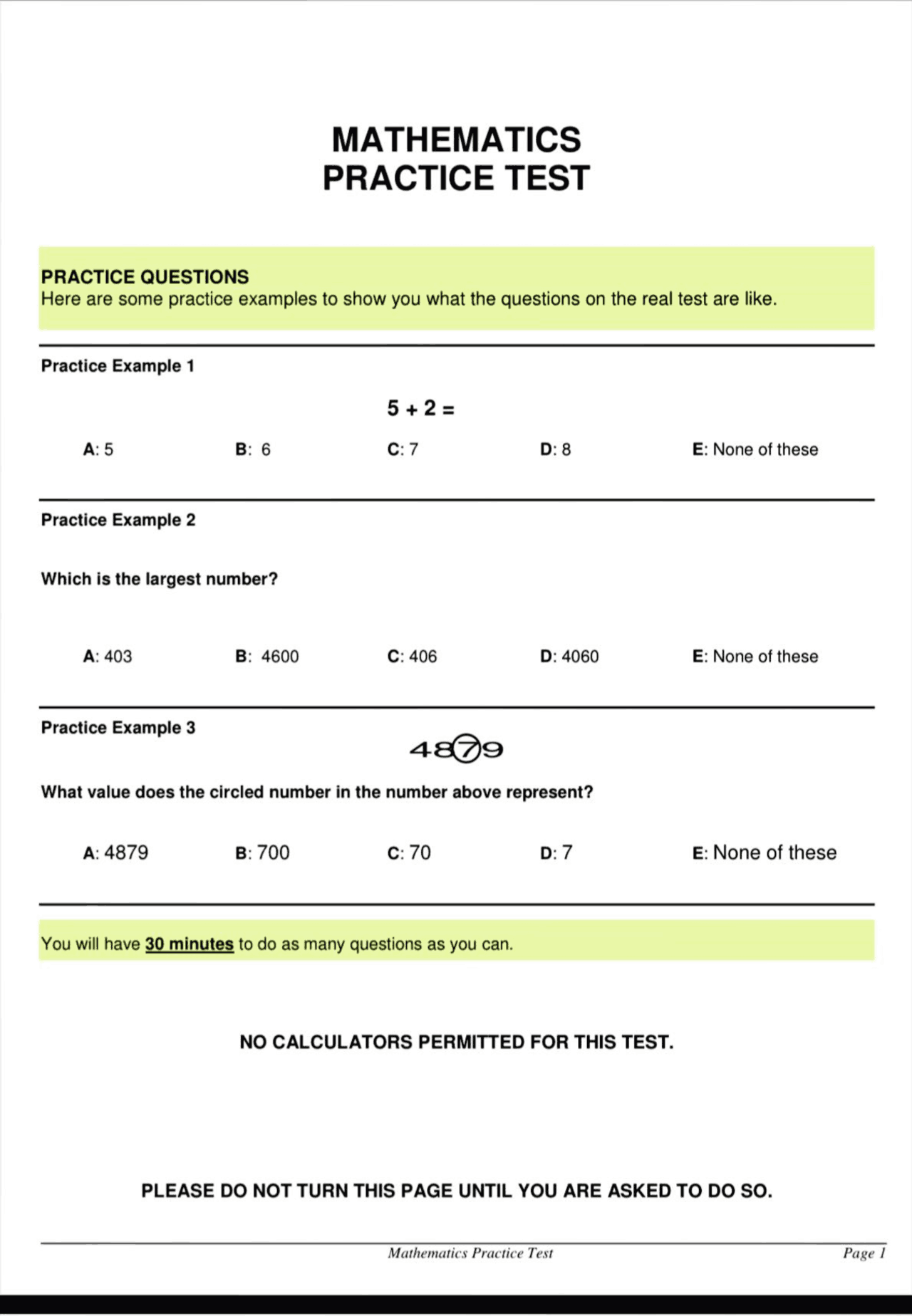 MATHEMATICS PRACTICE TEST | Exercises Mathematics | Docsity