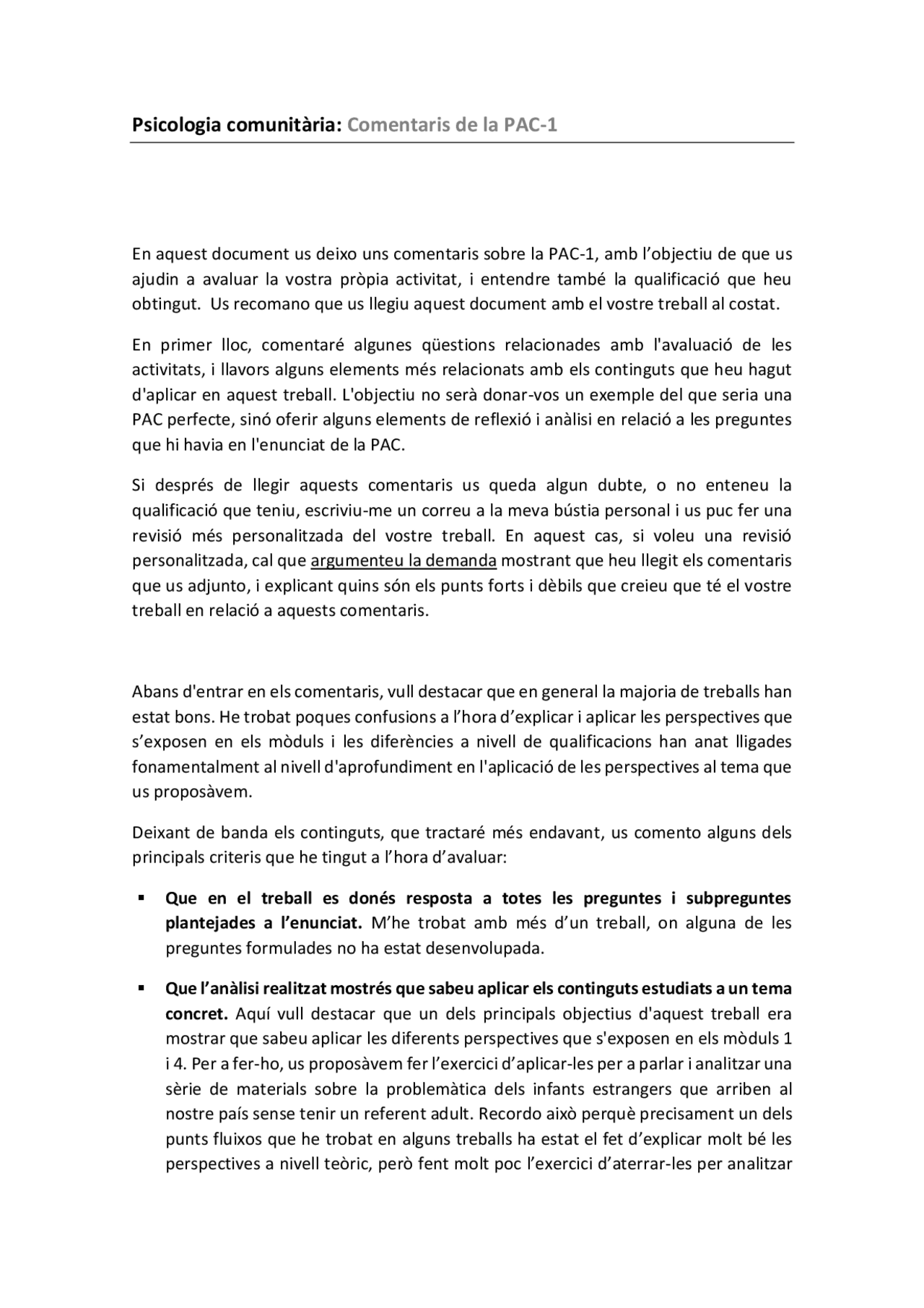 Comentaris del professor/devolució PAC 1 - Psicologia comunitaria - Docsity