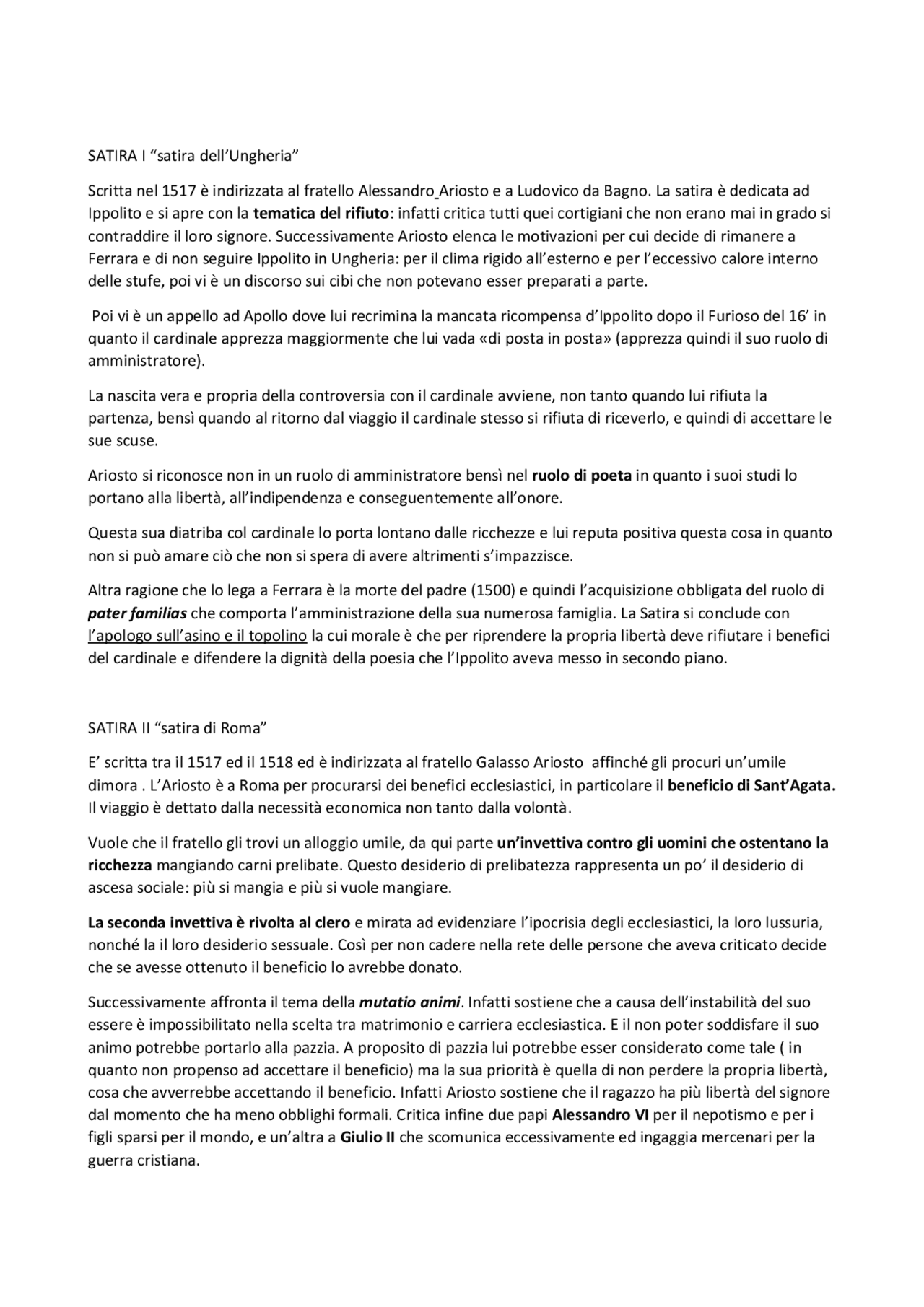 Sintesi Delle Satire Di Ariosto Docsity