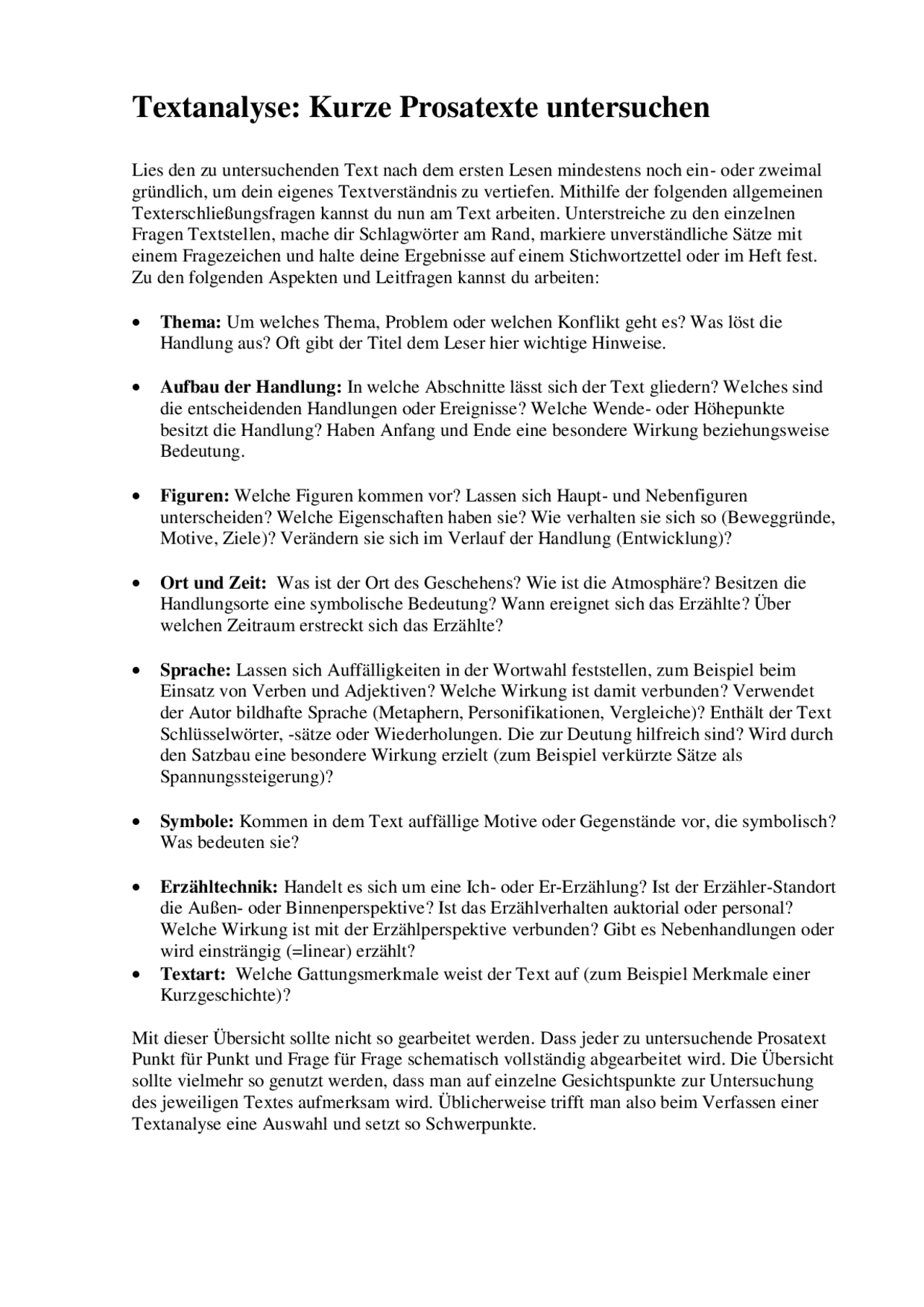 Textanalyse: Kurze Prosatexte untersuchen - Docsity