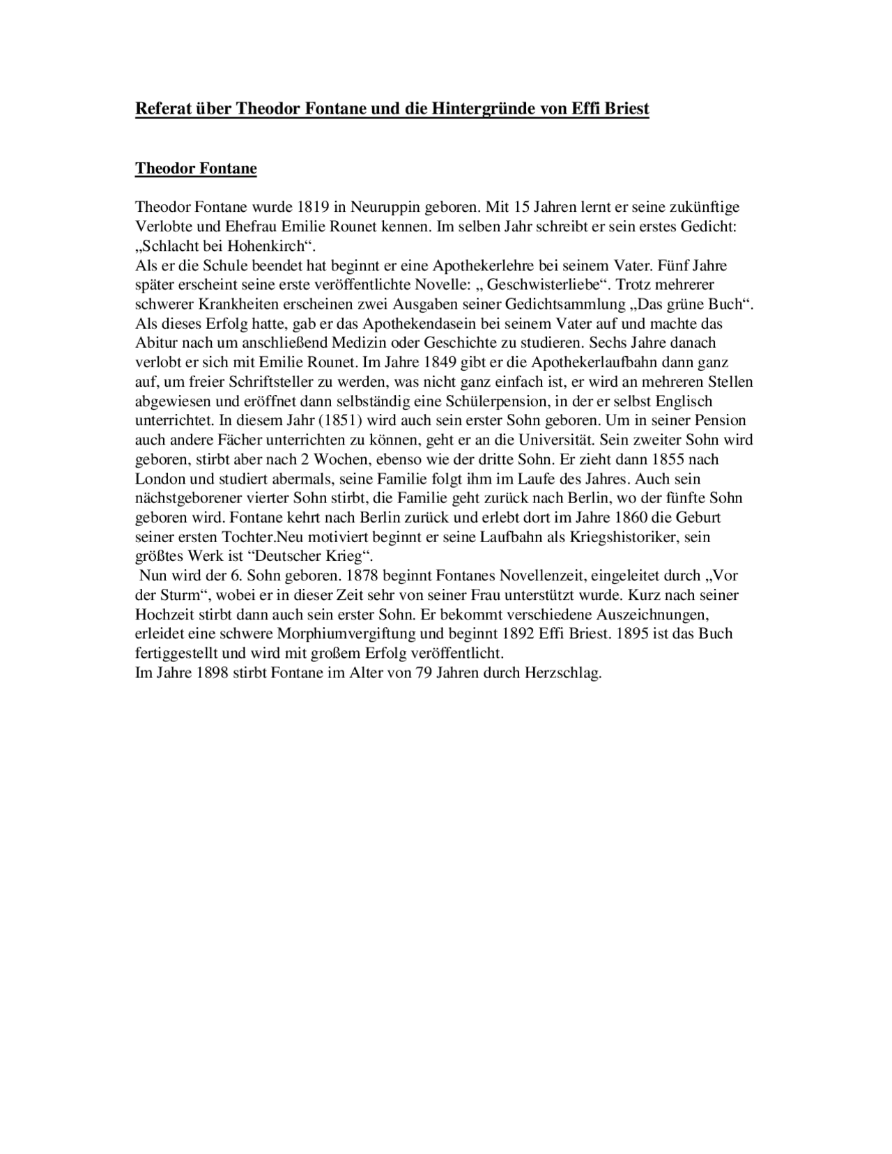 Referat über Theodor Fontane Und Die Hintergründe Von Effi Briest Docsity