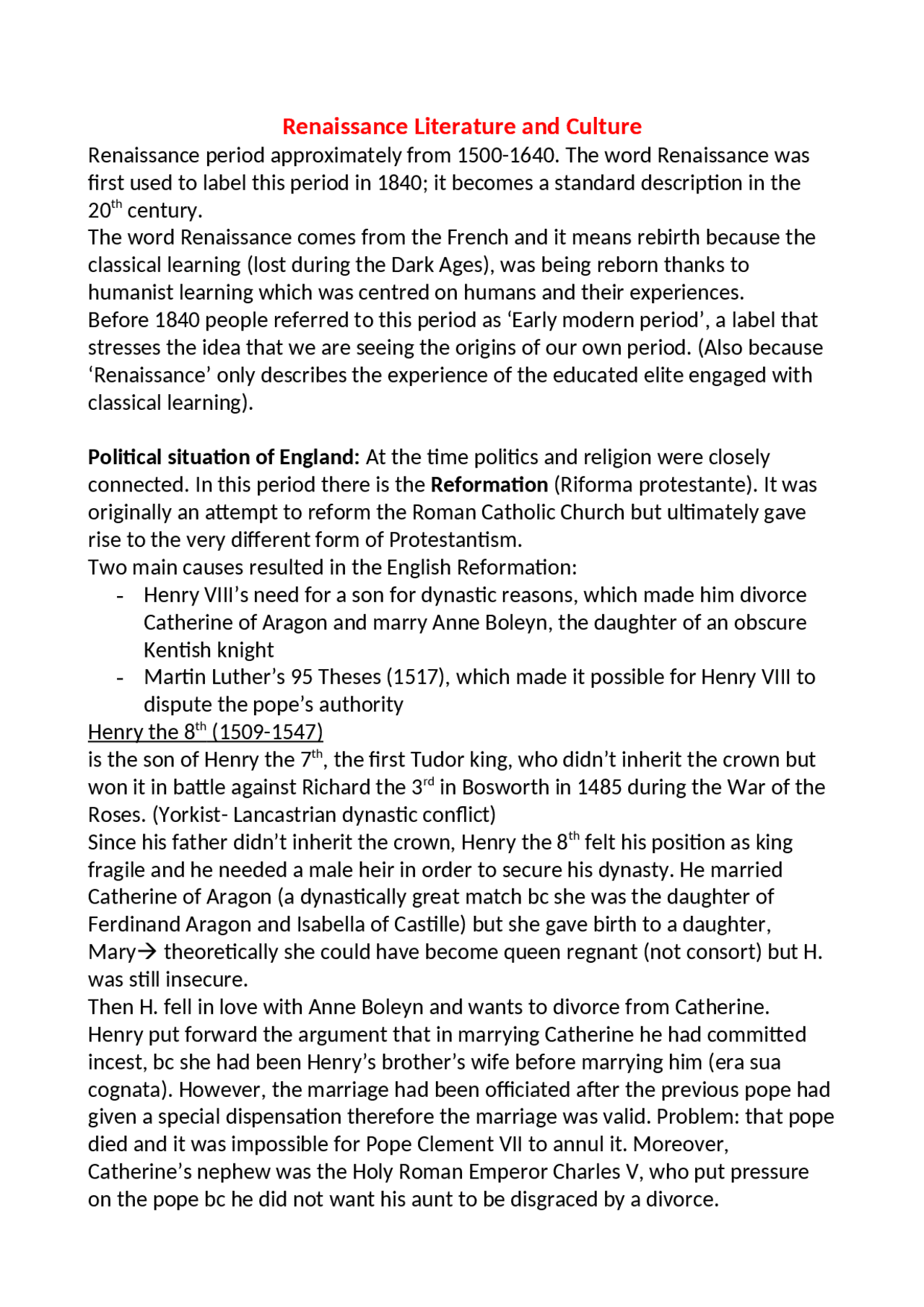 English Renaissance - English literature - Docsity