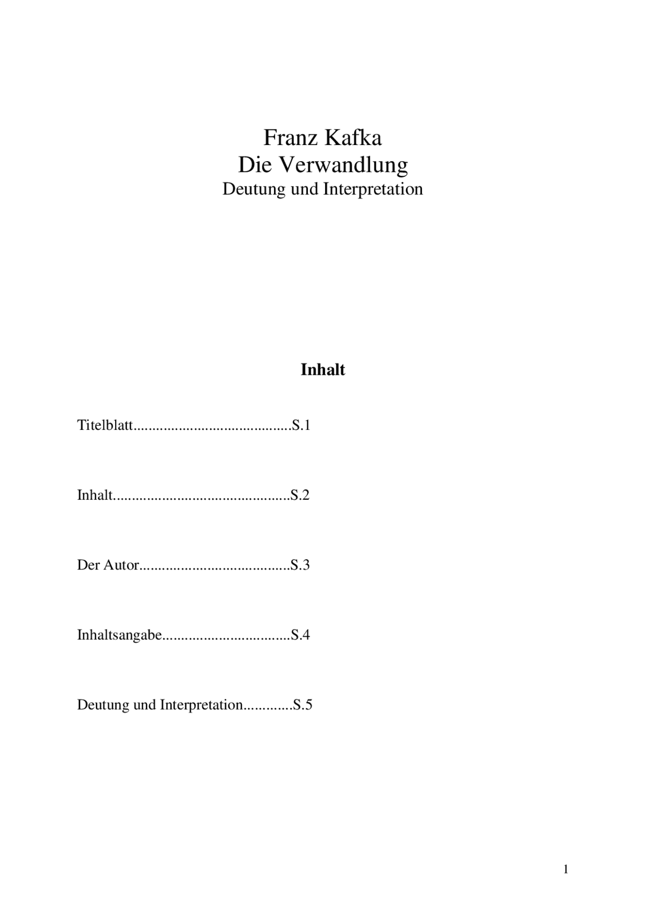 Franz Kafka Die Verwandlung Deutung Und Interpretation Docsity
