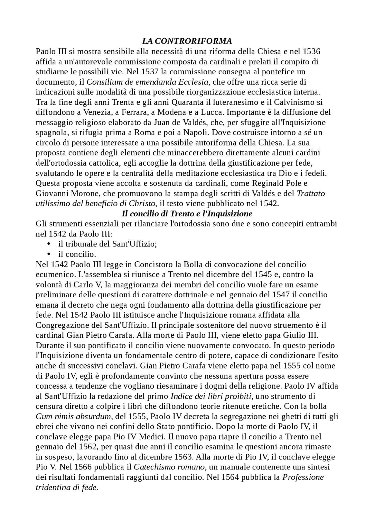 La Controriforma, il Concilio di Trento e l'Inquisizione - Docsity