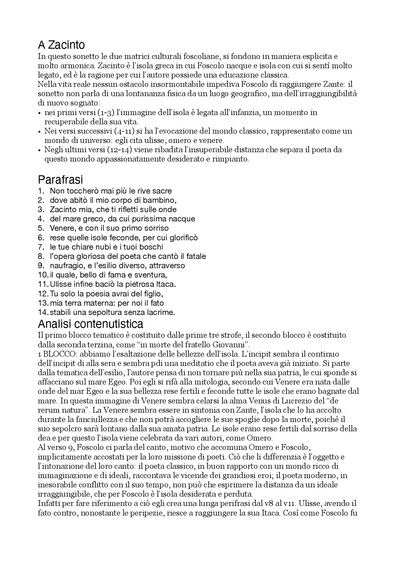Analisi Dettagliata Del Componimento A Zacinto Di Foscolo Docsity