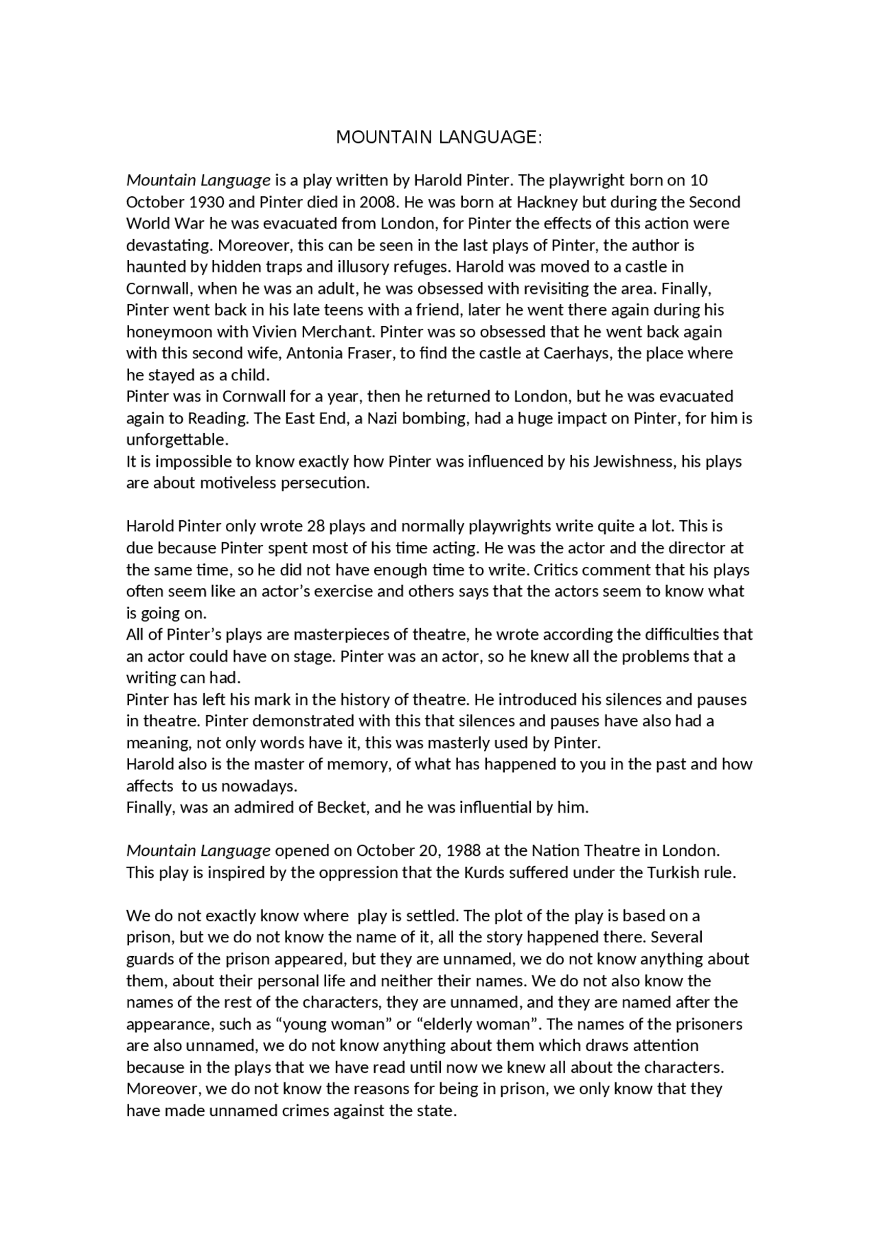 Theatrical review "mountain language" - Docsity