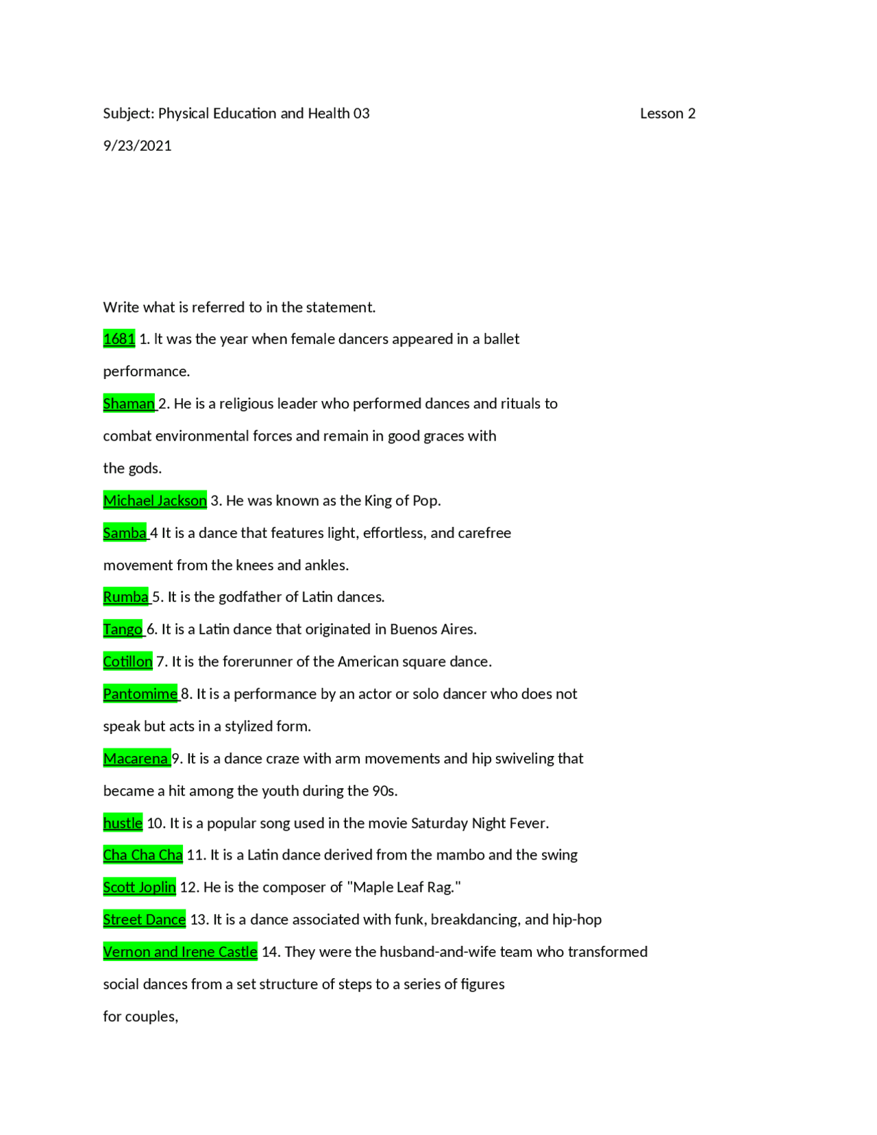 Physical Education And Health 03 Lesson 2 Docsity