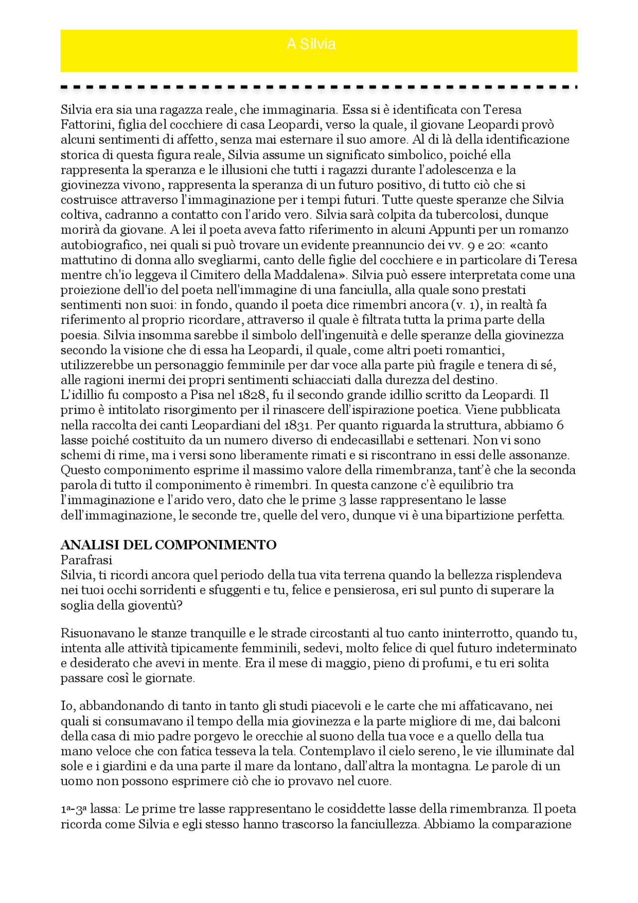 Analisi Dettagliata Del Componimento A Silvia Di Gleopardi Appunti