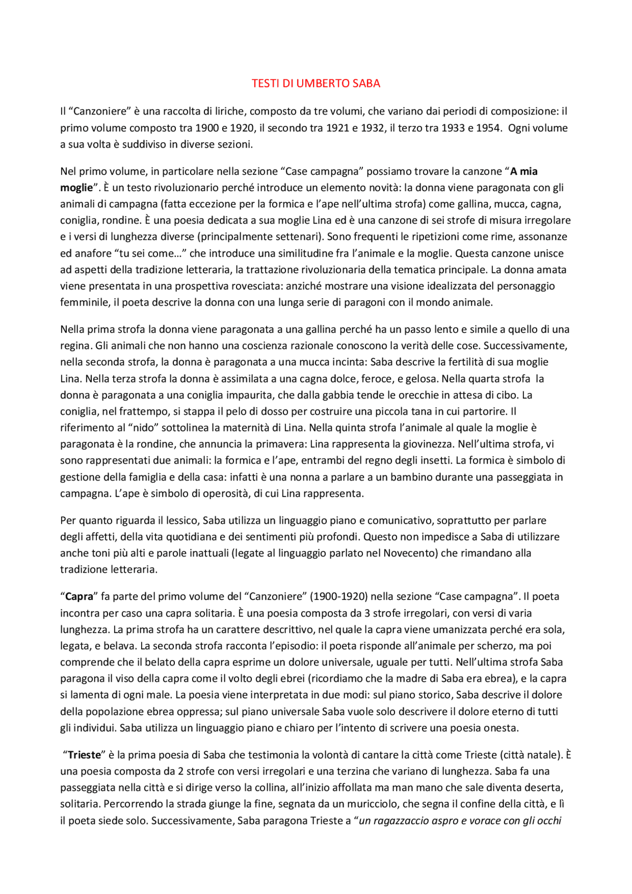 Analisi Testi Di Umberto Saba Docsity