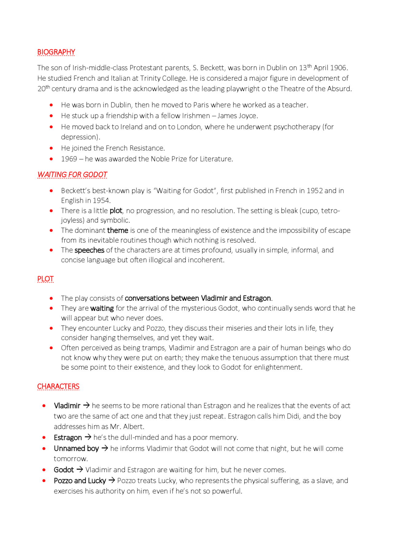 SUMMARY - WAITING FOR GODOT, S. BECKETT - Docsity