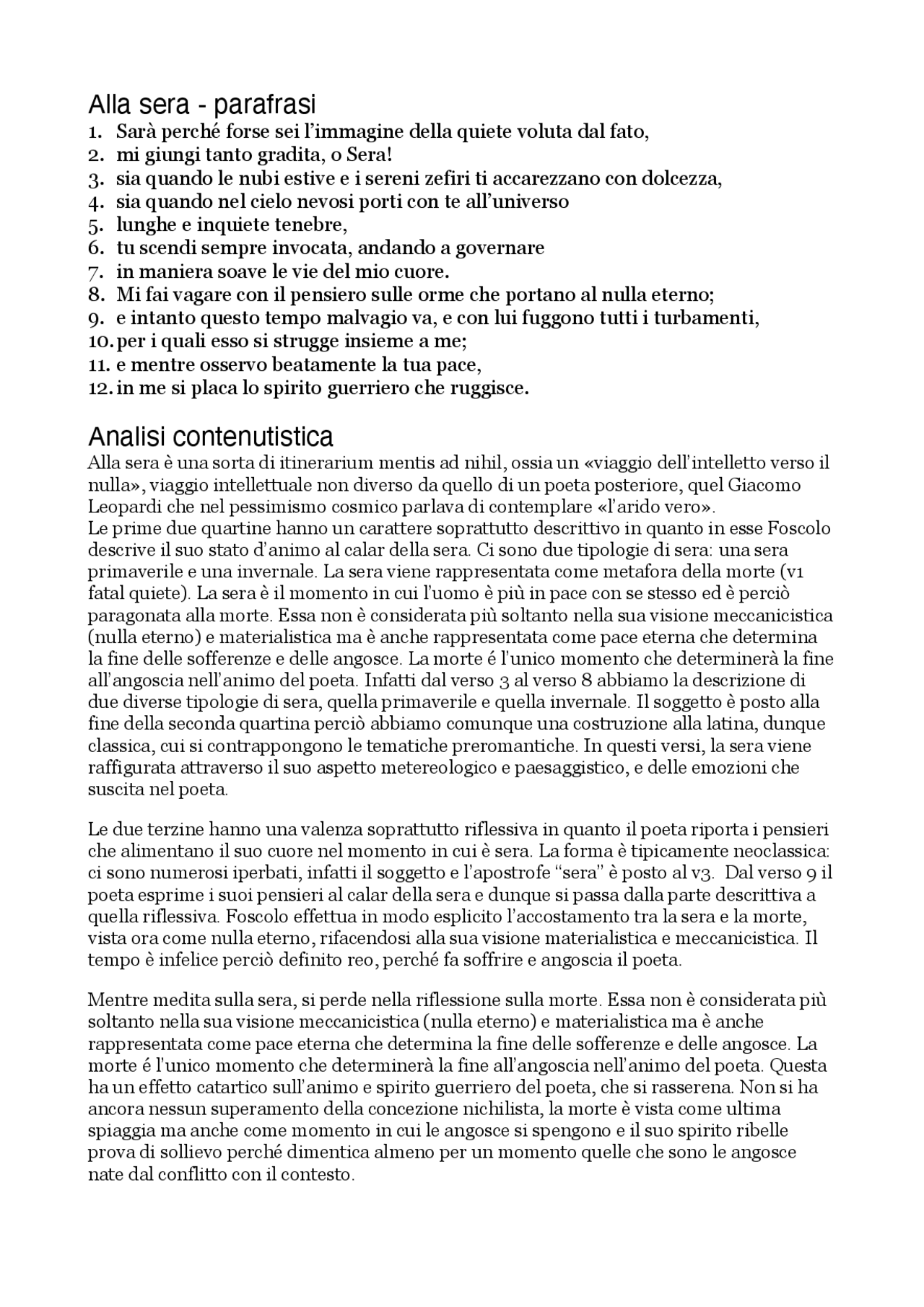 Analisi Dettagliata Del Componimento Alla Sera Di Foscolo Docsity