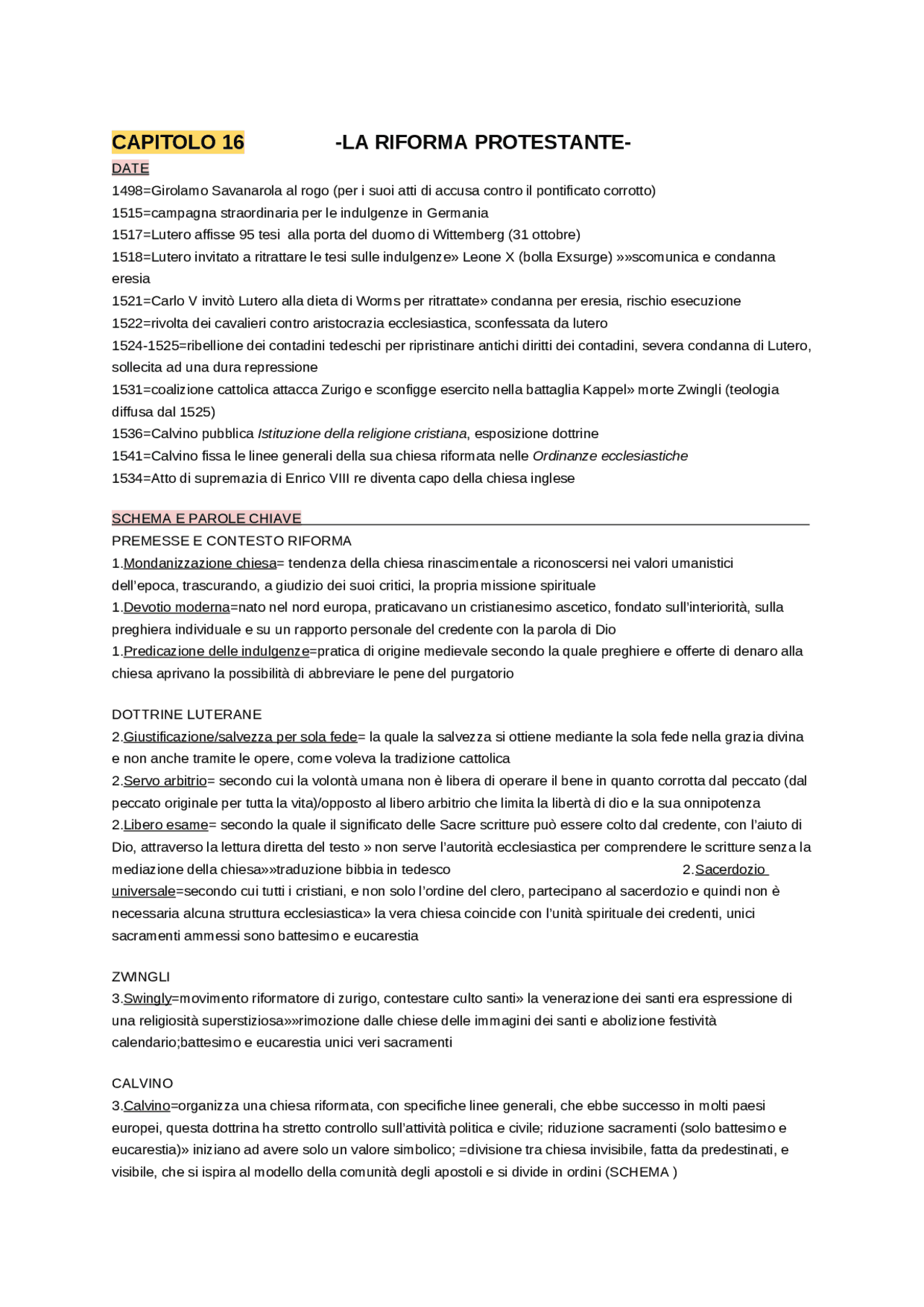 Schema riassuntivo sulla riforma protestante | Sintesi del corso di ...