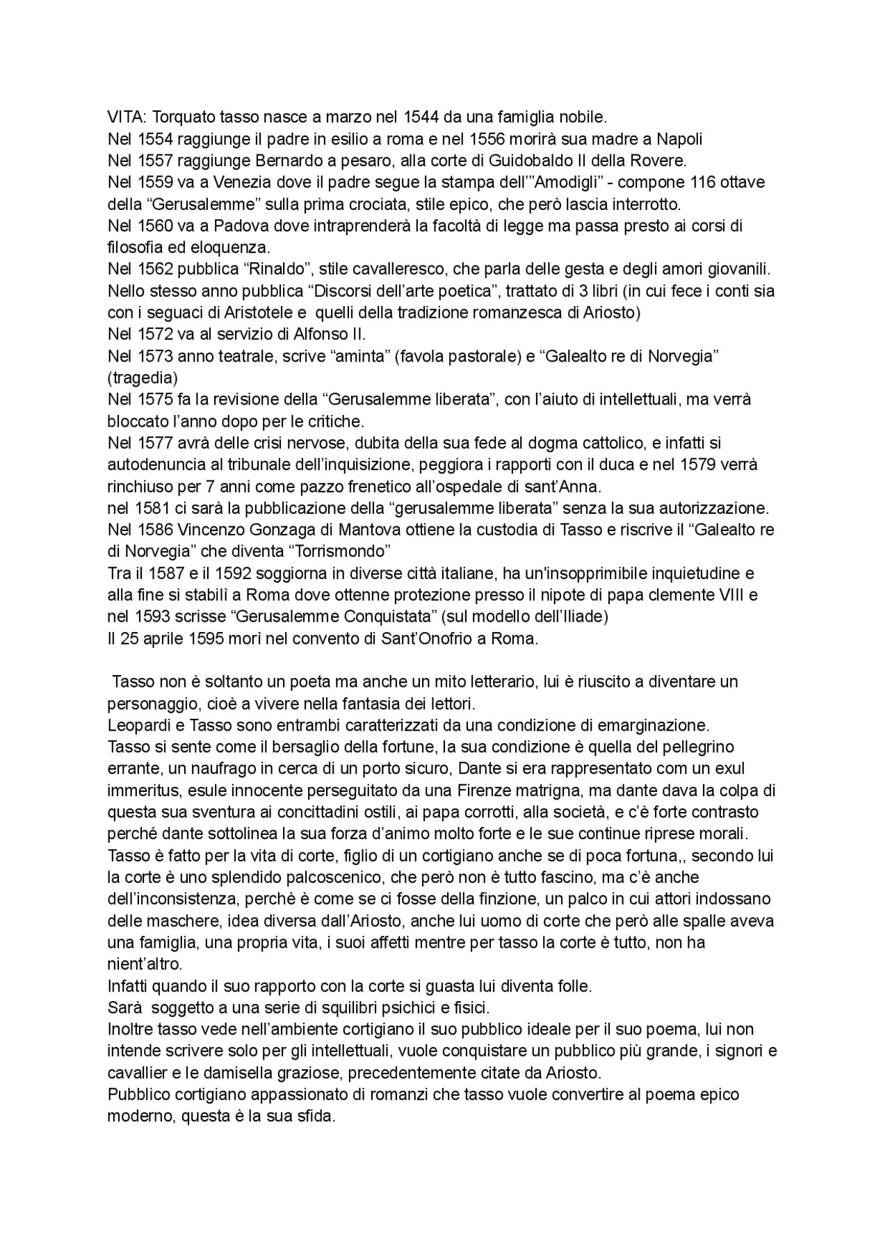 Appunti Su Torquato Tasso Docsity