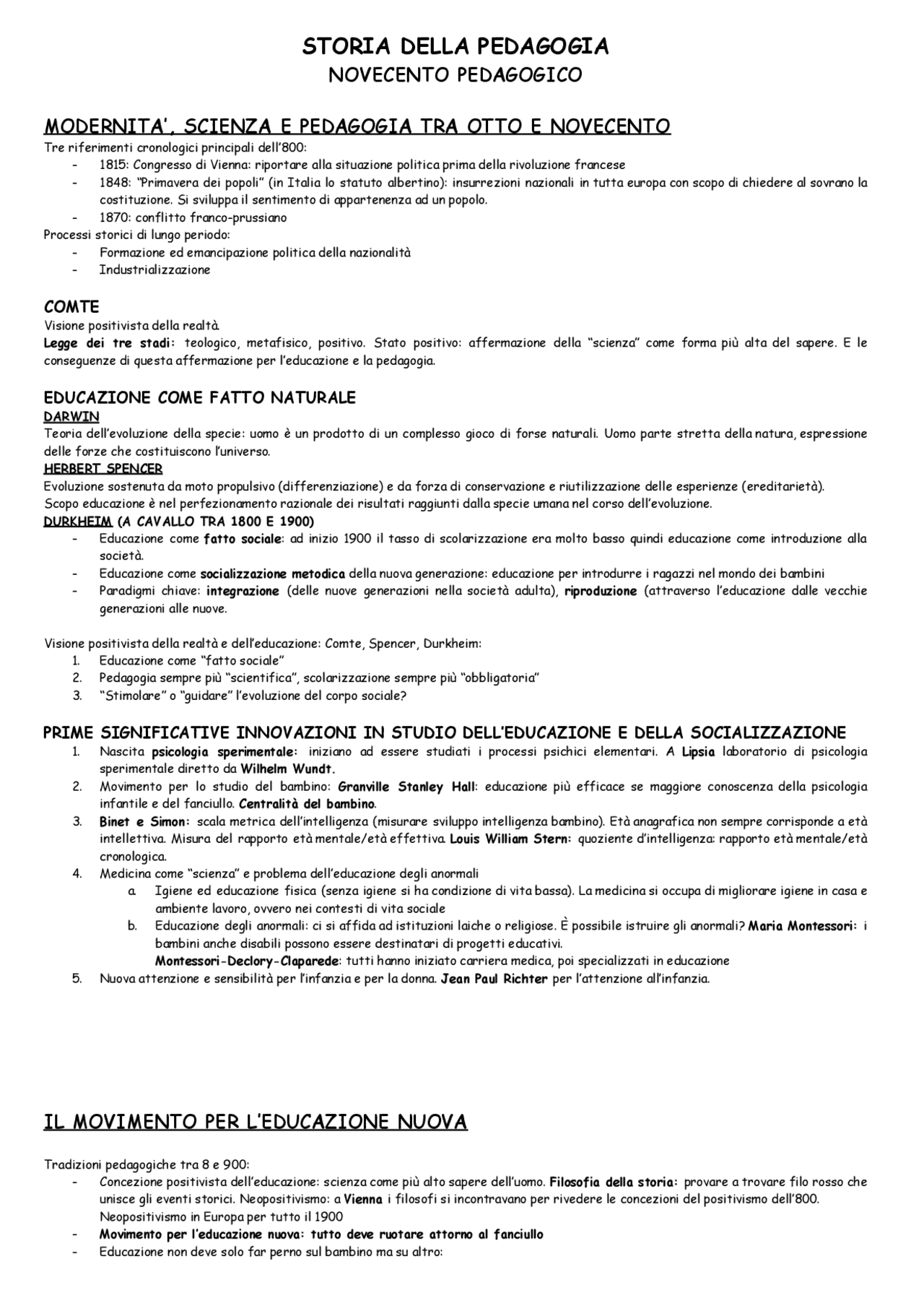 Novecento Pedagogico Docsity