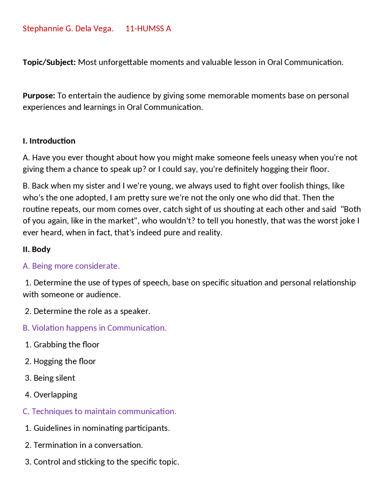 Outline Example For Speech Docsity