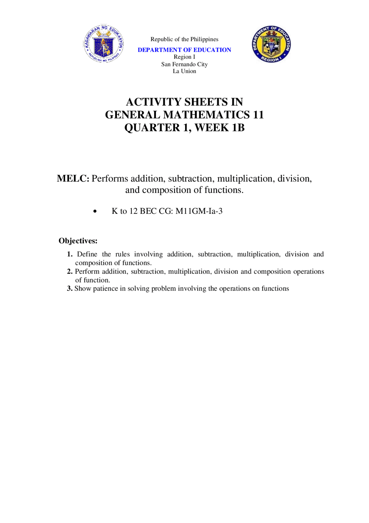 general mathematics sample quiz for grade 11 | Exams Mathematics | Docsity