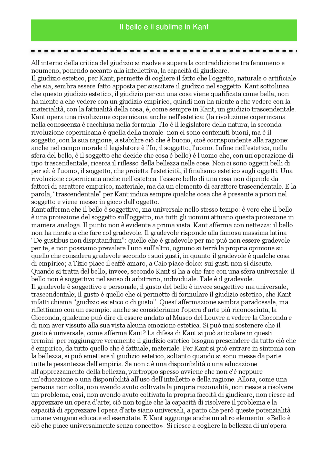 Il bello e il sublime in Kant - Docsity