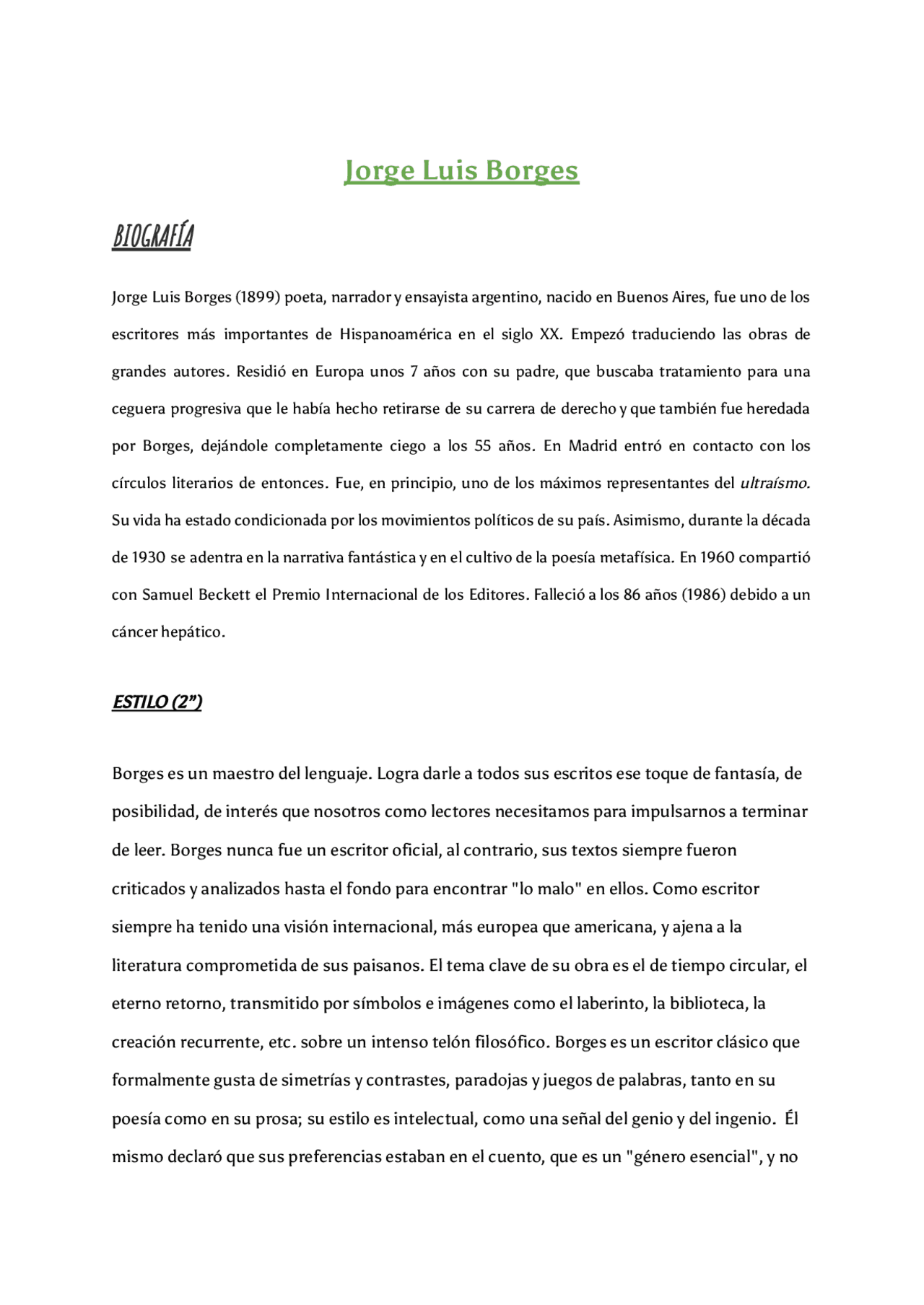 Jorge Luis Borges, Biografía, obras, presentación oral - Docsity