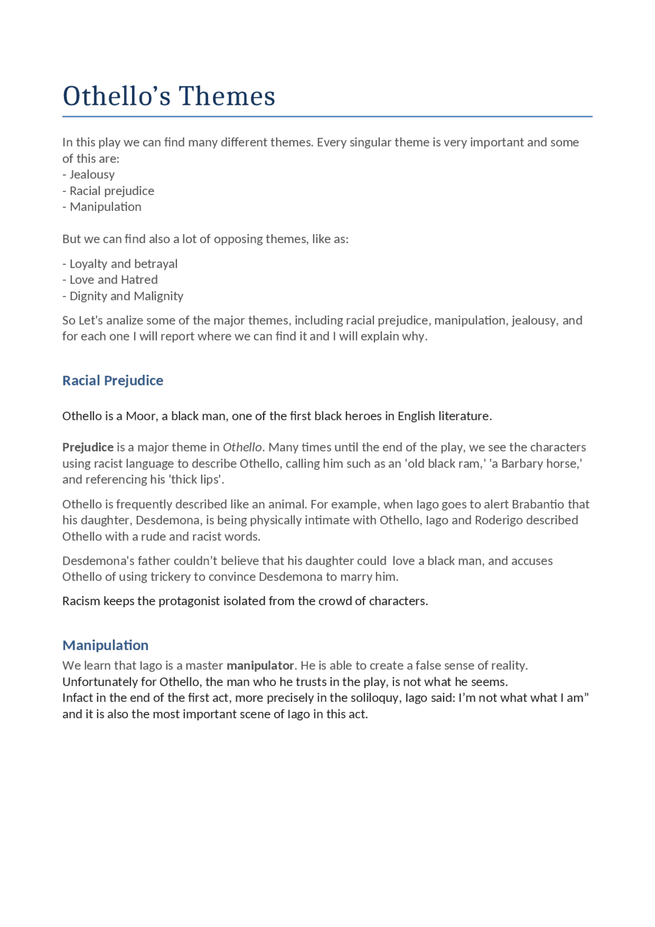 Othello's Themes for Secondary schools - Docsity