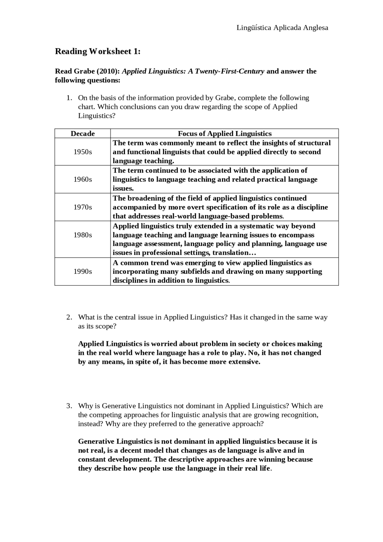 Applied linguistics worksheet - Docsity
