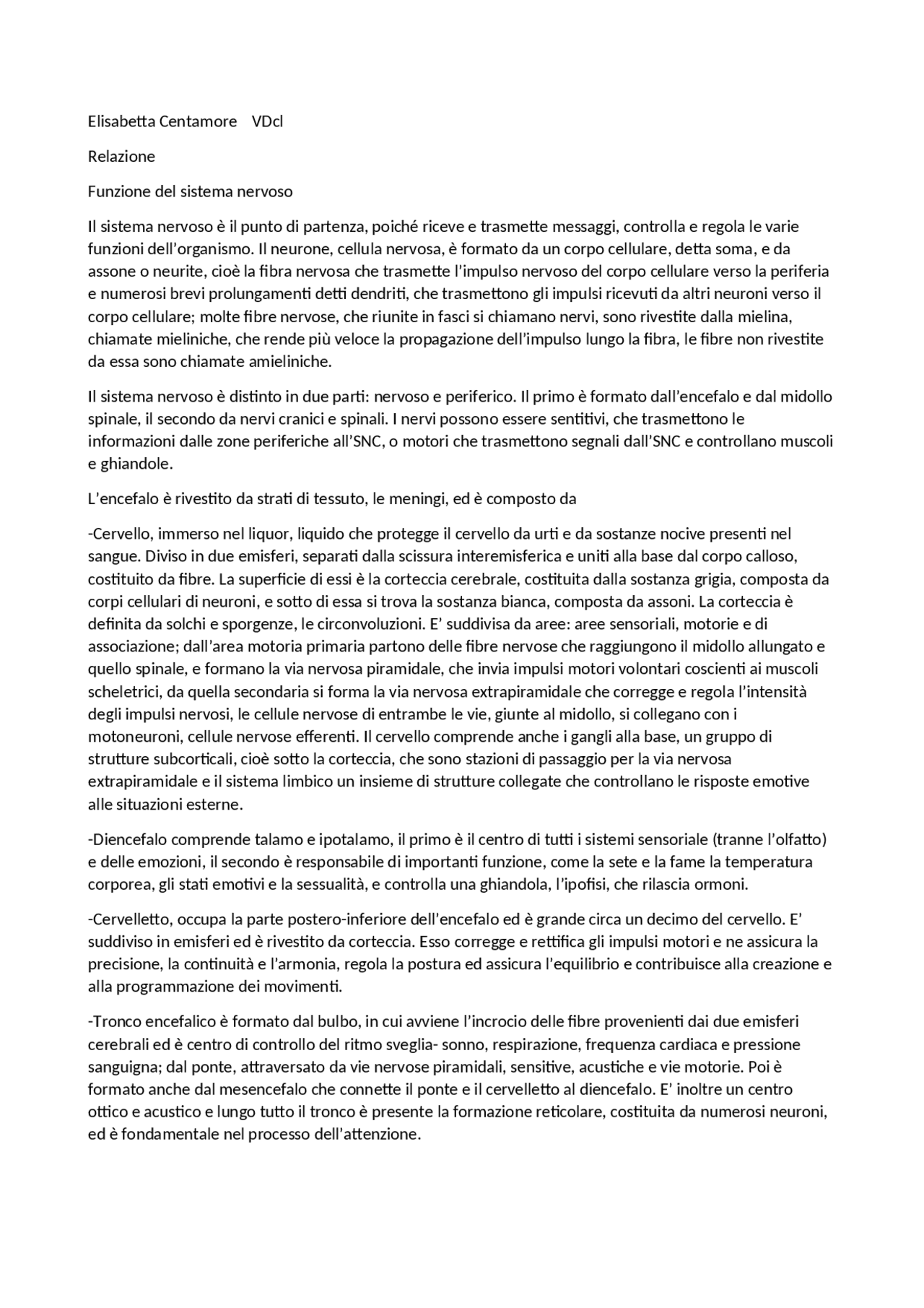 Funzione Nervosa In Educazione Fisica Docsity