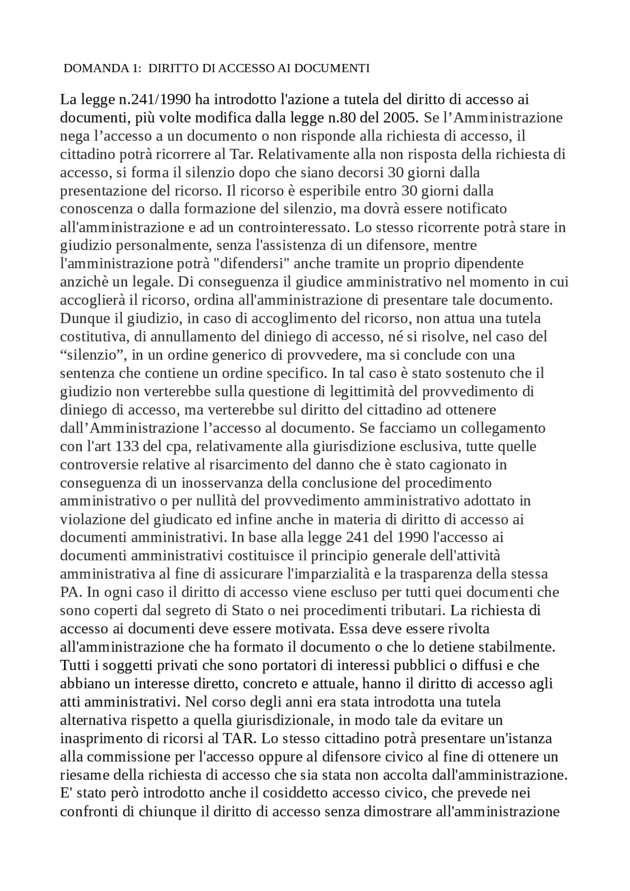 Domande e risposte di diritto processuale amministrativo - Docsity