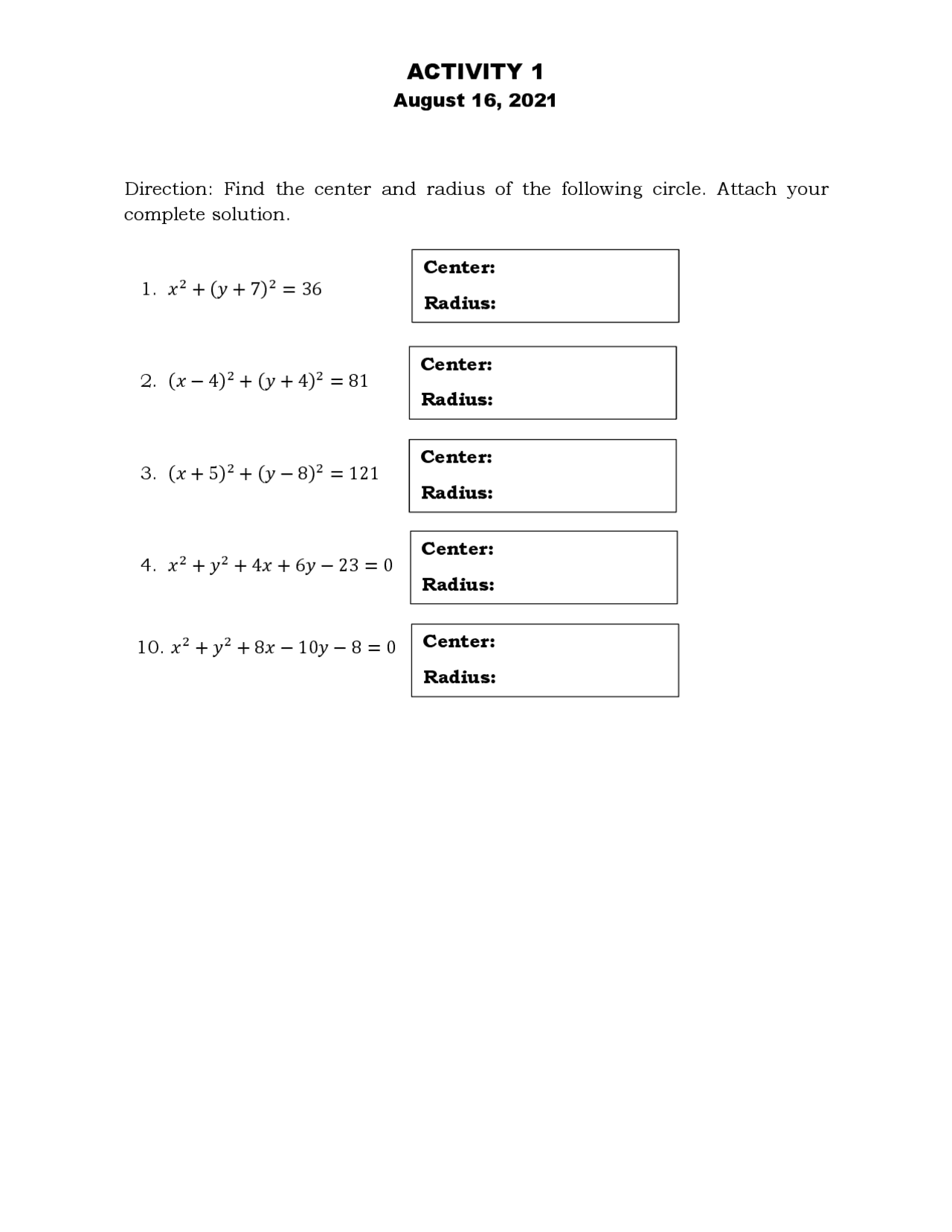 Activity In Pre Calculus Docsity