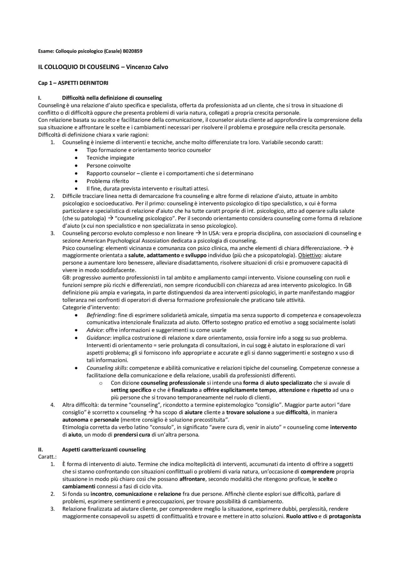 Riassunto Libro Colloquio Di Counseling Calvo Docsity