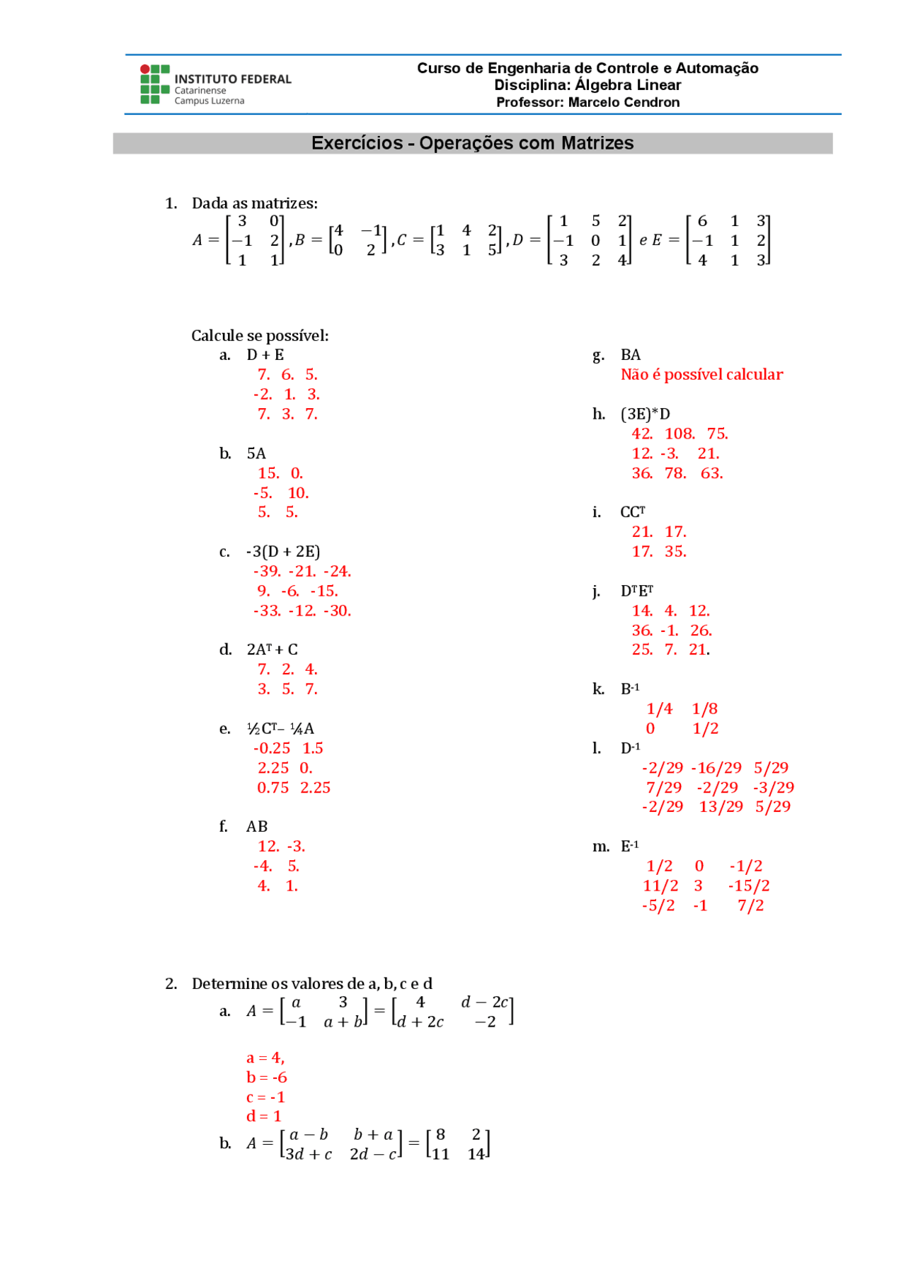 Algebra Linear Exercicios Para Avaliação Docsity