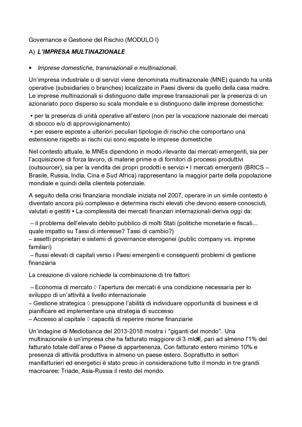 Governance E Gestione Del Rischio Docsity