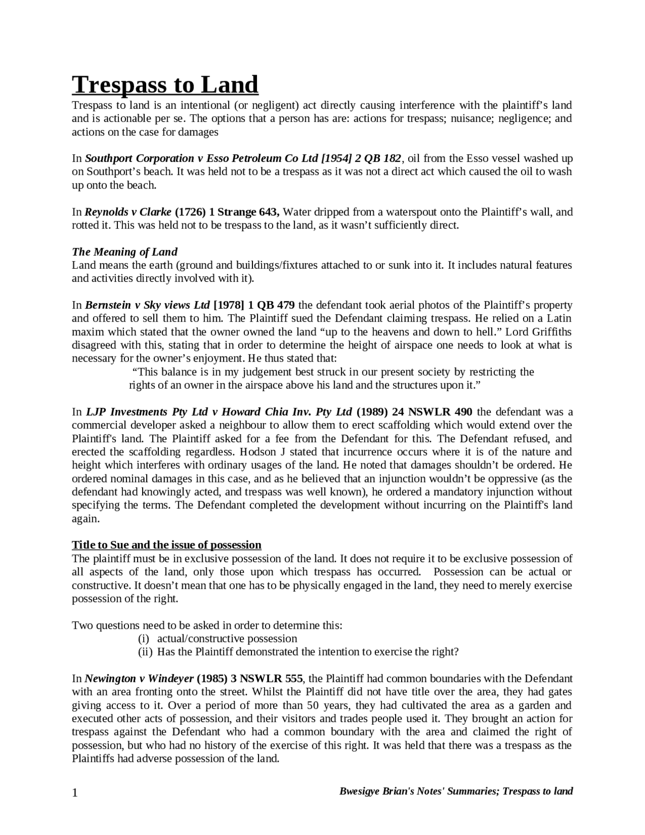 Trespass to land notes | Study notes Land Law | Docsity