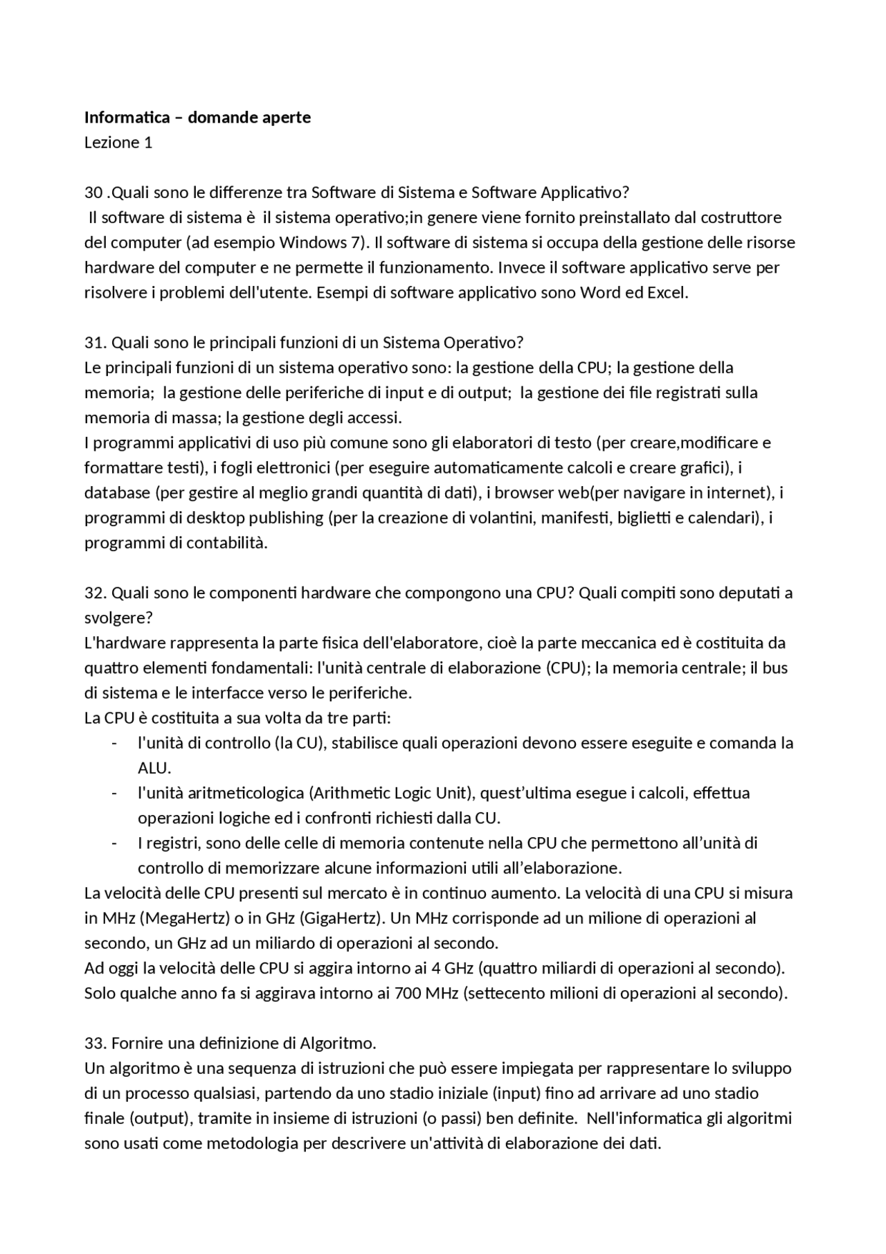 1 prima domande aperte | Panieri di Fondamenti di informatica | Docsity