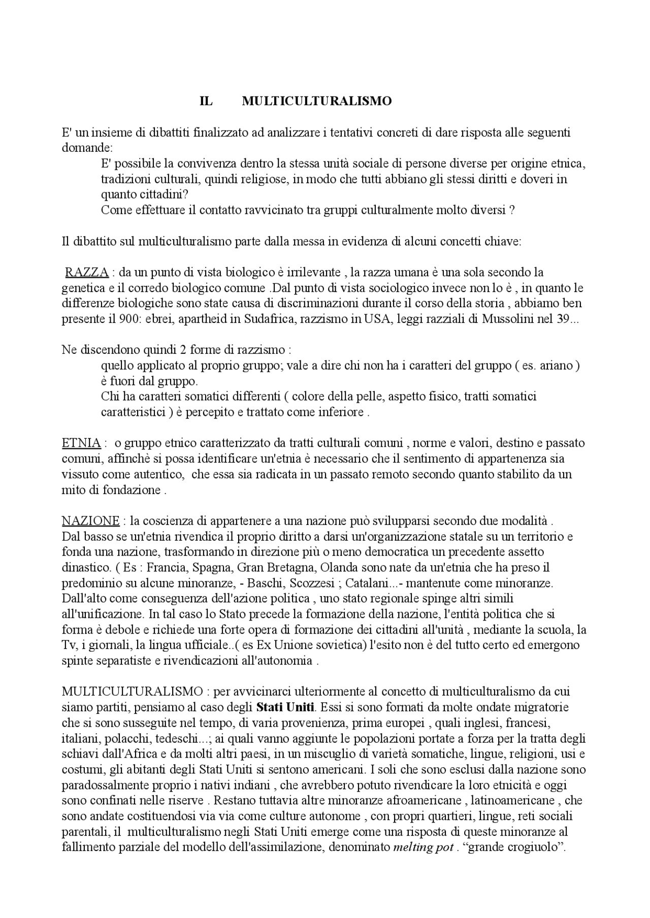 Il Multiculturalismo - Elementi Chiave - Docsity