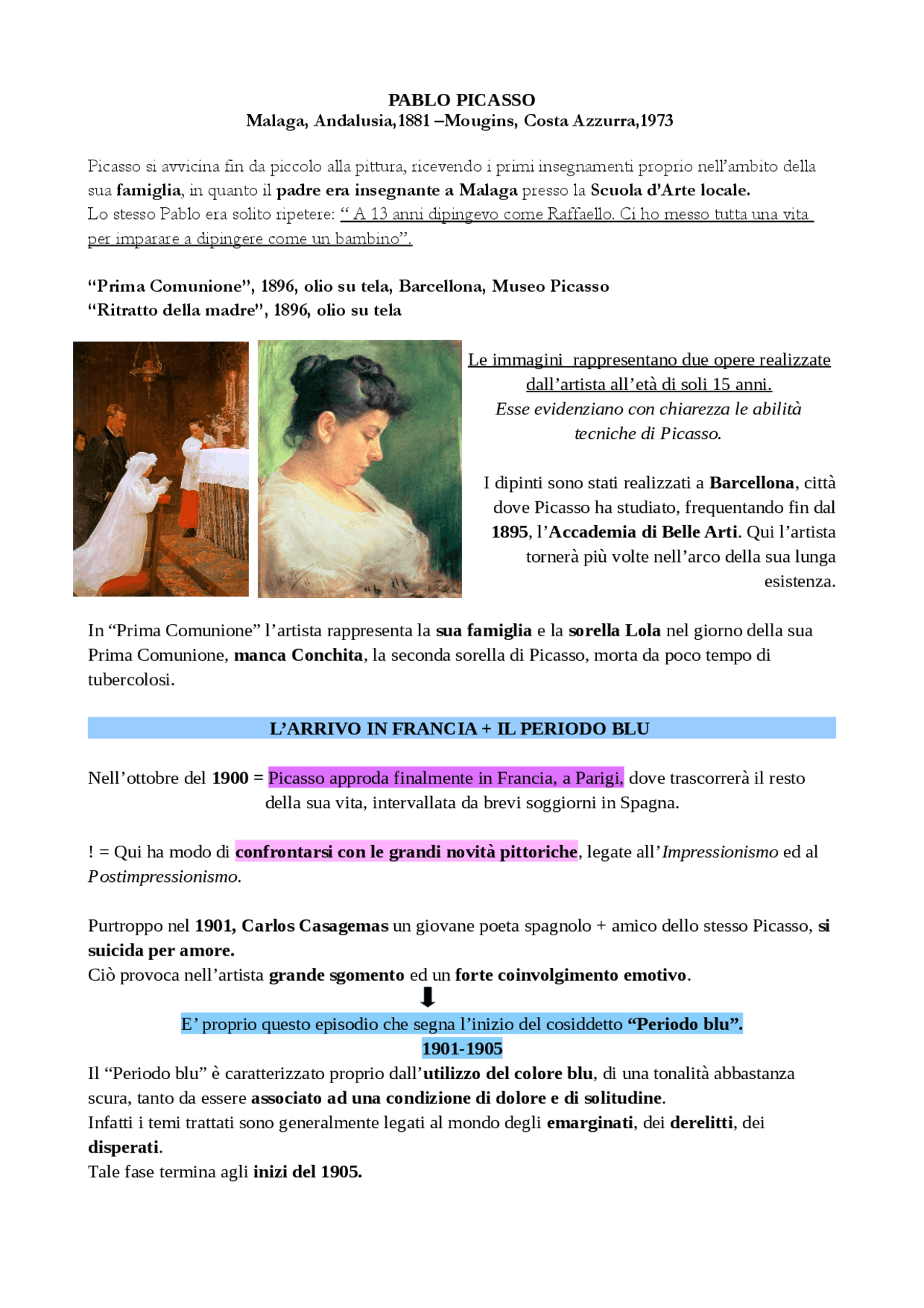Vita E Opere Di Pablo Picasso Docsity