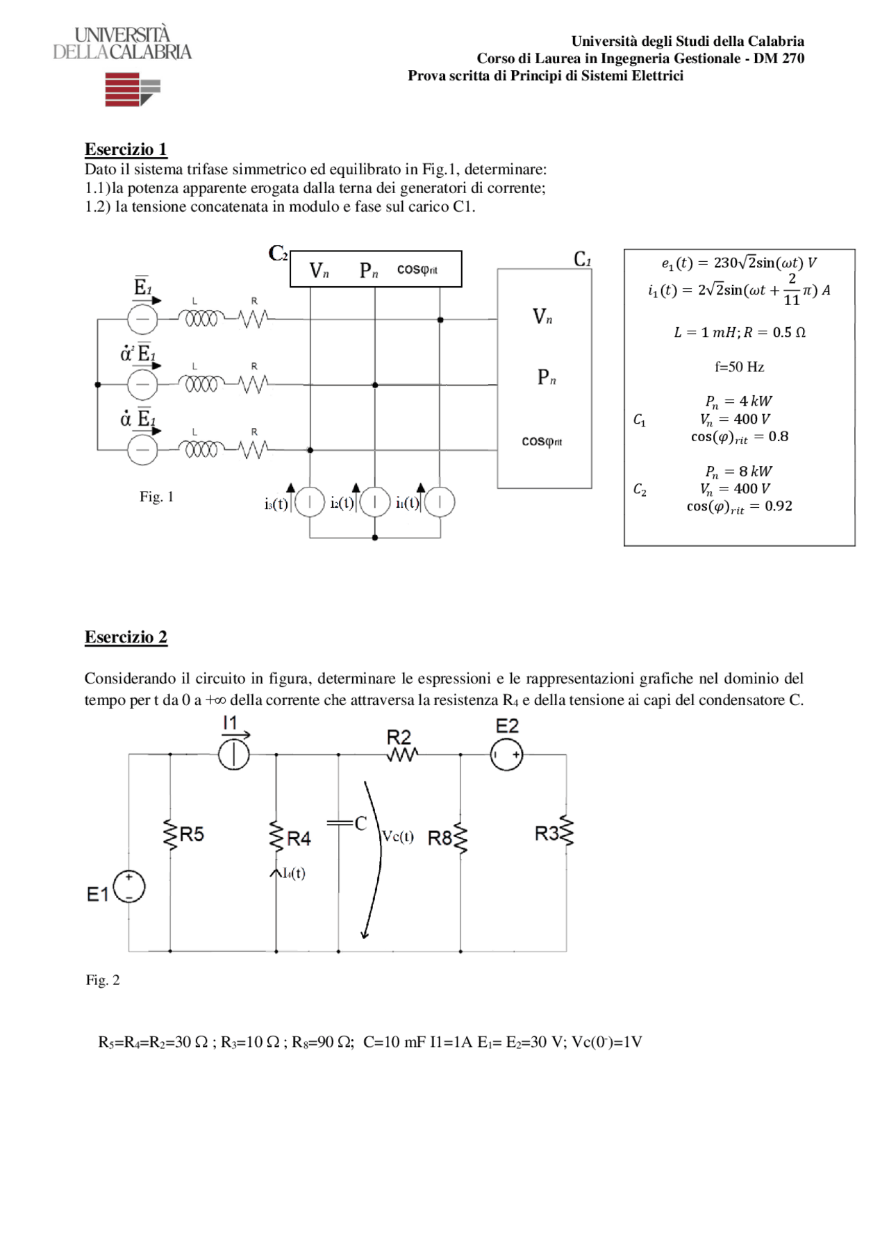 Traccia d'esame con soluzione di principi di sistemi elettrici | Prove ...