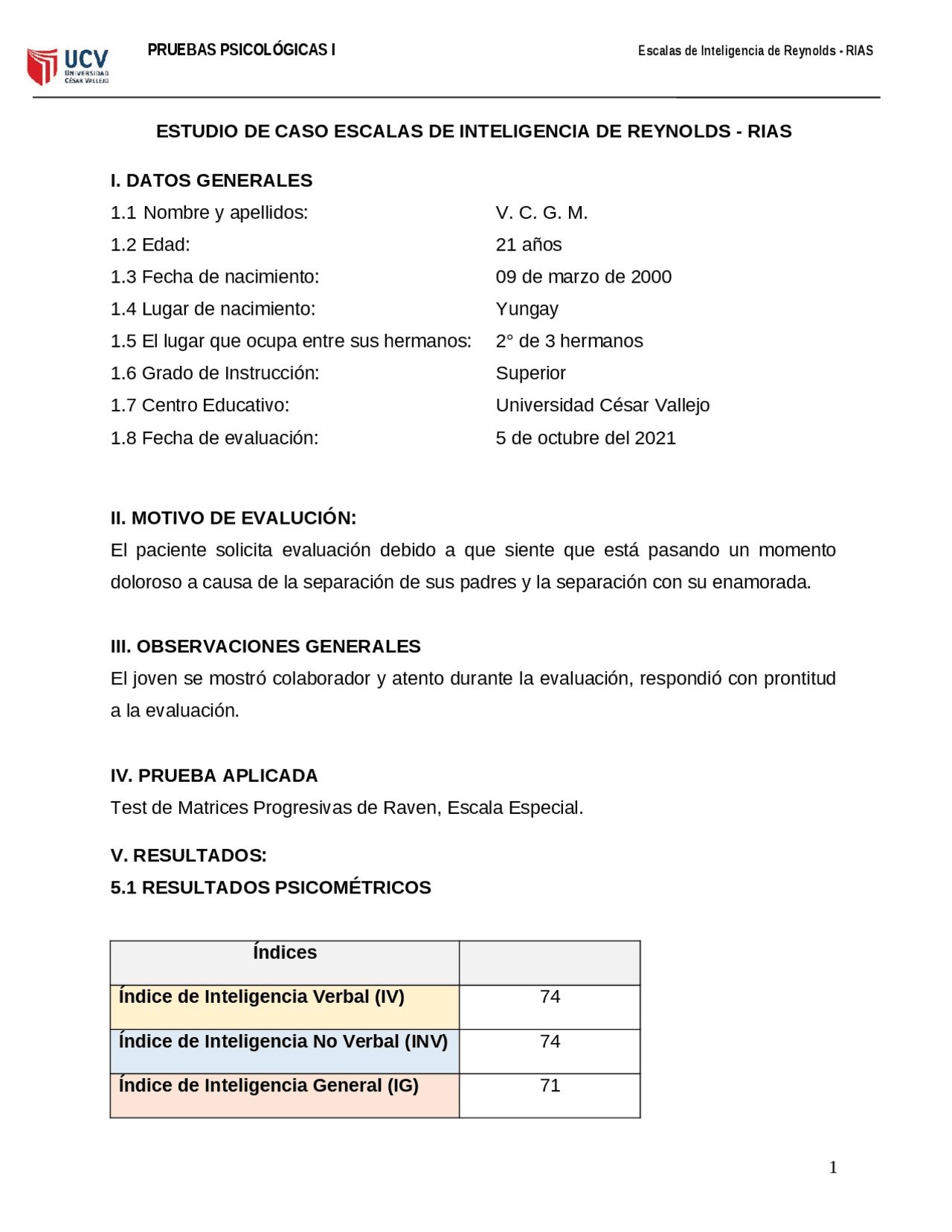 Informe psicológico - RIAS | Ejercicios de Psicología | Docsity