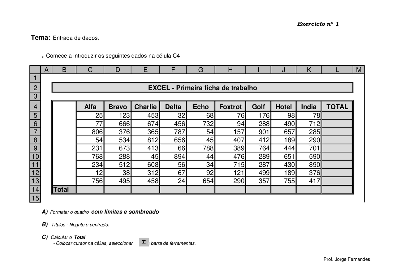 Exercício Excel Inserção De Dados Exercícios Microsoft Excel Docsity