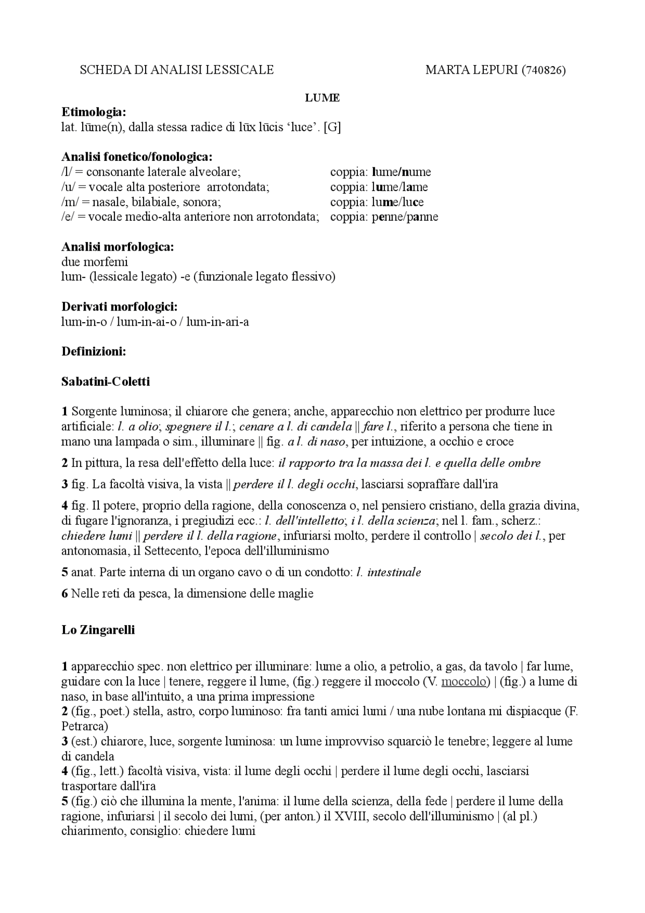 Analisi Semantica Parola Lume Docsity